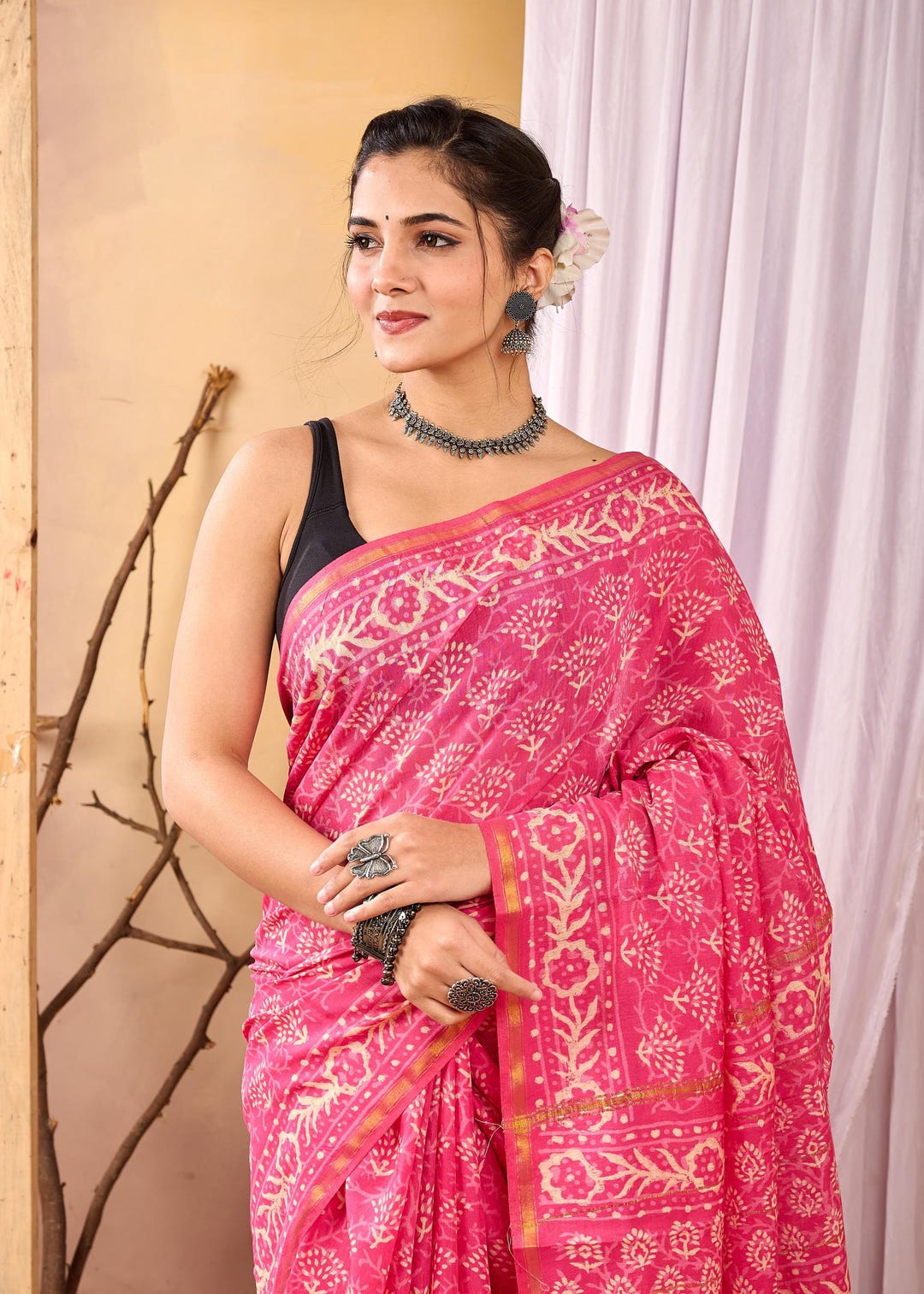 Rani Pink Chanderi Silk Saree: Handblock Floral Print, Gold Zari Border ...
