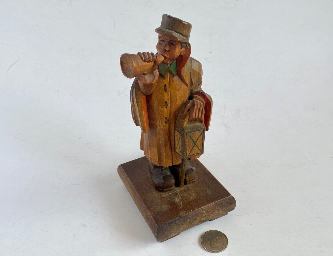 Vintage Town Crier Wood Carving Figure, Night Watcher Carved Sculpture ...
