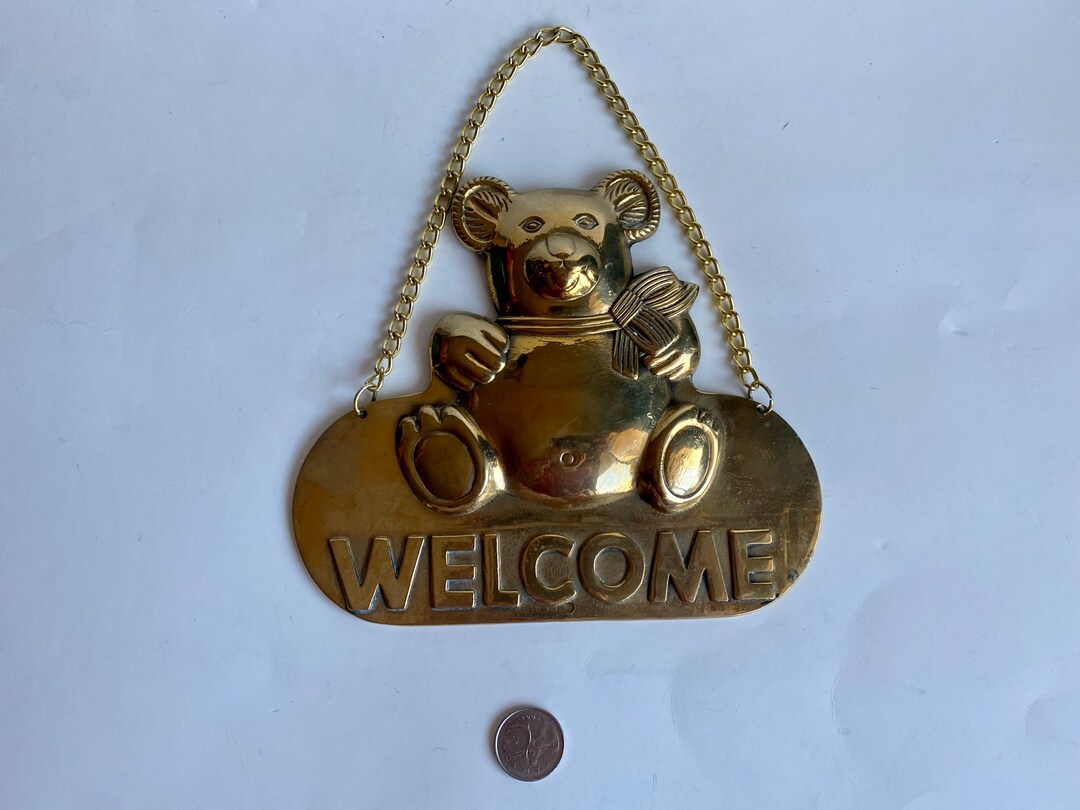 Vintage Brass Teddy Bear Sign, Vintage Welcome Sign, Stuffed Bear ...