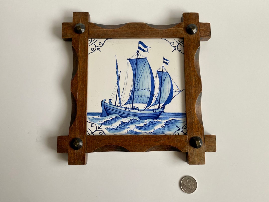Vintage Tin Glazed Delftware Tile, Vintage Delft Blue Tile, Sail Ship ...