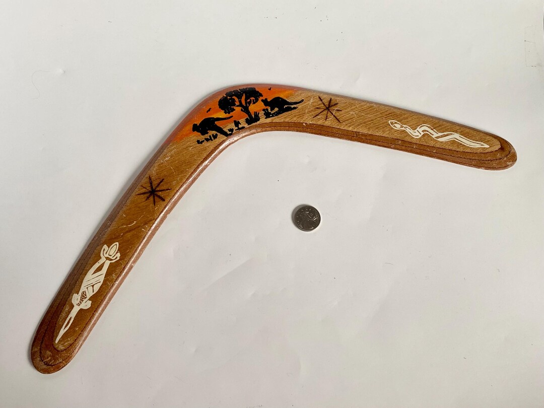 Vintage Australian Boomerang, Painted Wooden Boomerang, Kangaroo Art ...