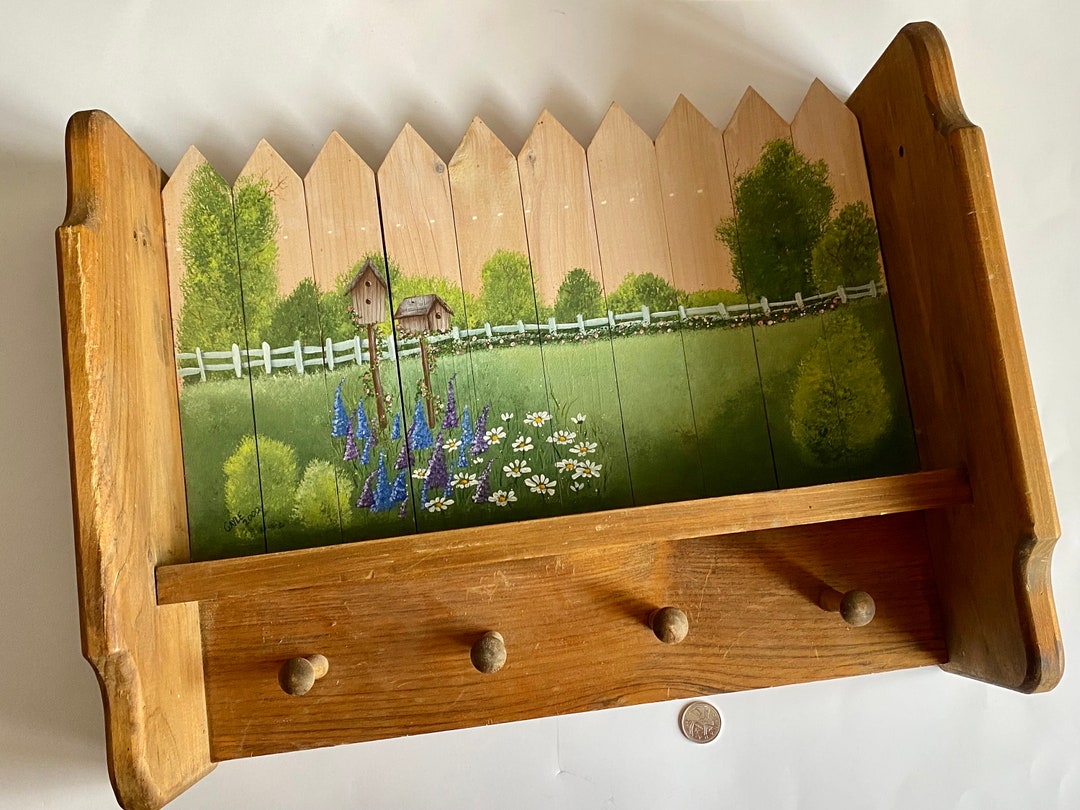 Vintage Wooden Rack W/ Painting, Rustic Wooden Shelf Rack, Rustic Lodge ...