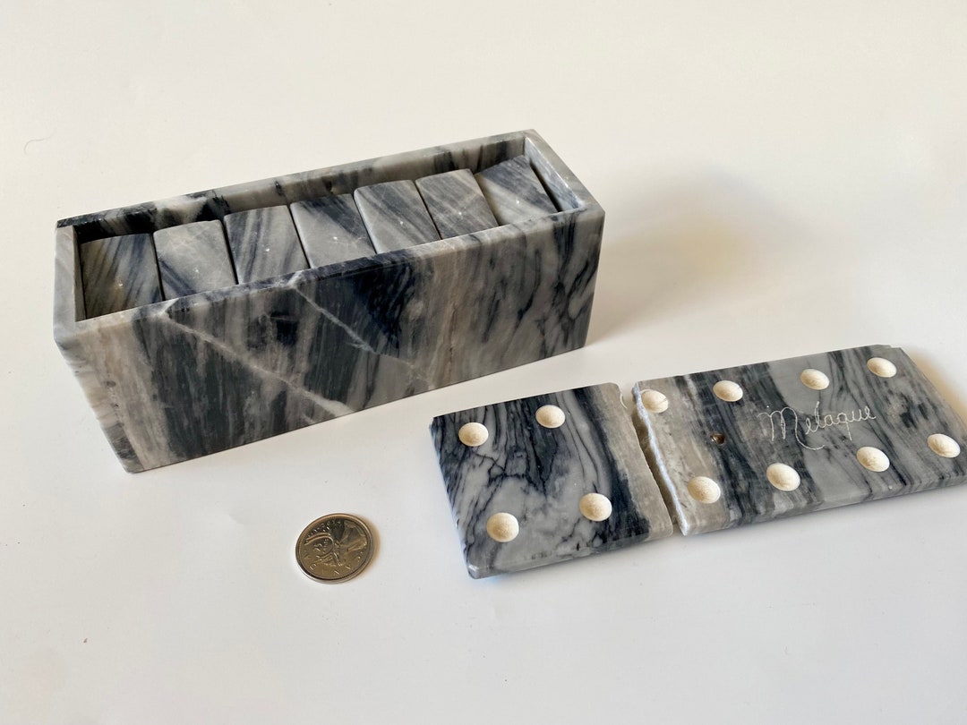 Vintage Black & White Marble Dominoes (BROKEN LID), 28 Piece Carved ...