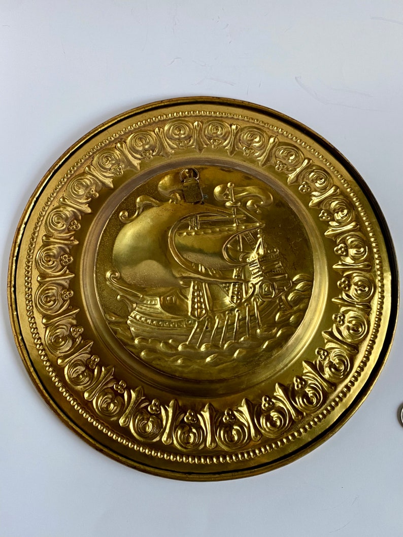 Vintage Brass Ship Plaque, Peerage Ship Round Plaque, 3D Golden Ship ...