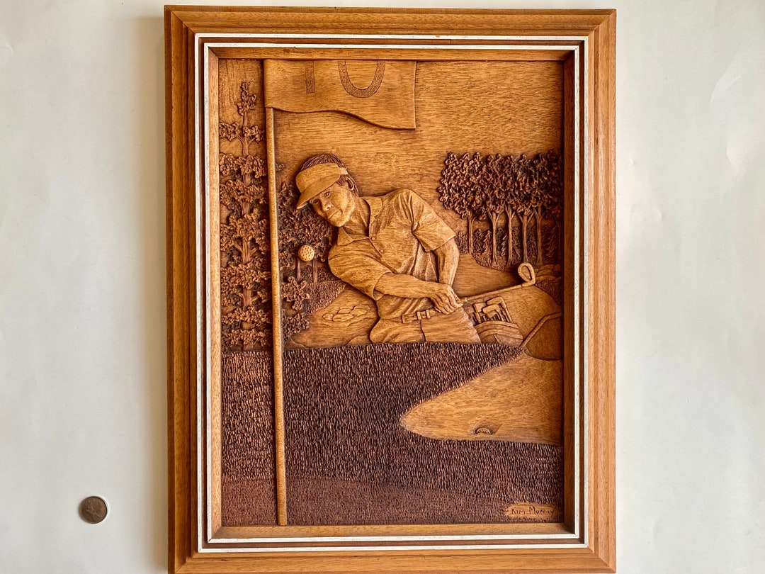 Vintage Faux Wood Plaque, Kim Murray Carving the Tenth Hole, Bas Relief ...