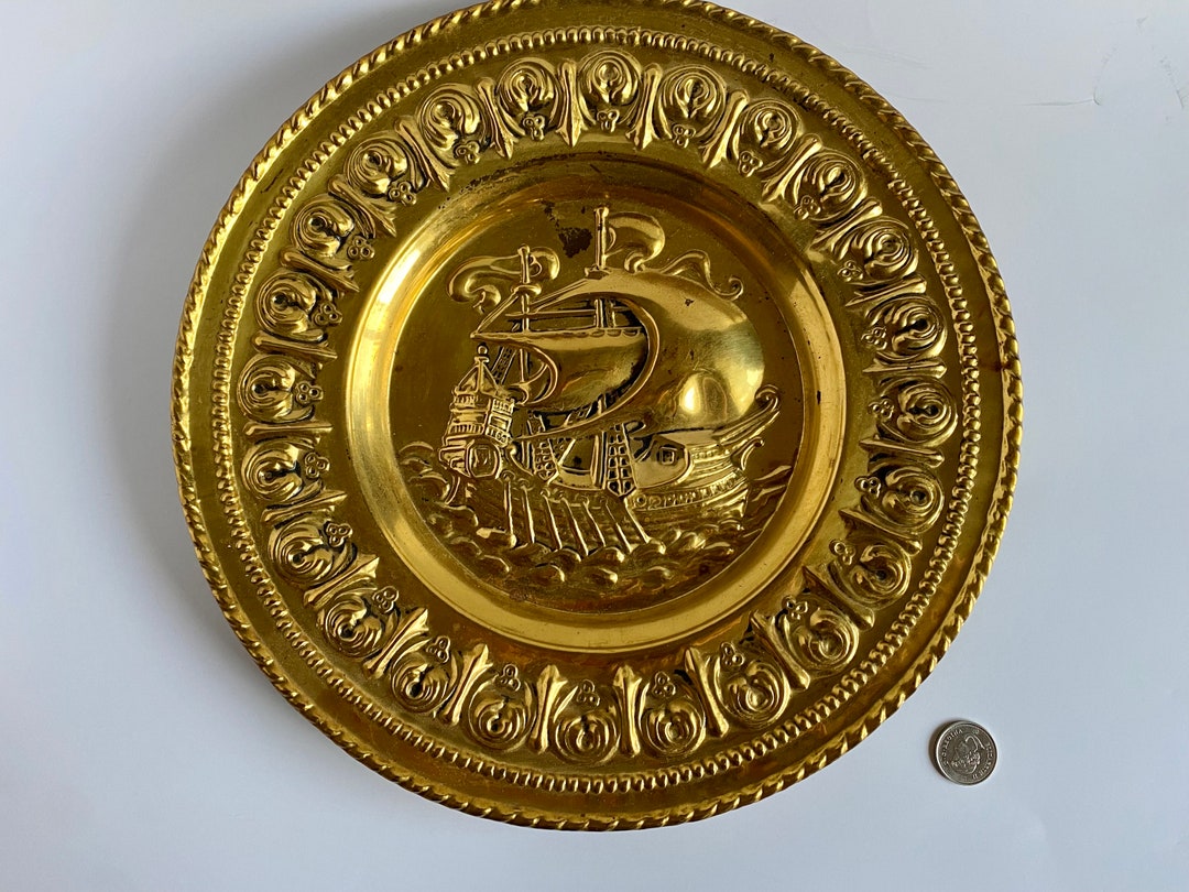 Vintage Brass Ship Plaque, Peerage Ship Round Plaque, 3D Golden Ship ...