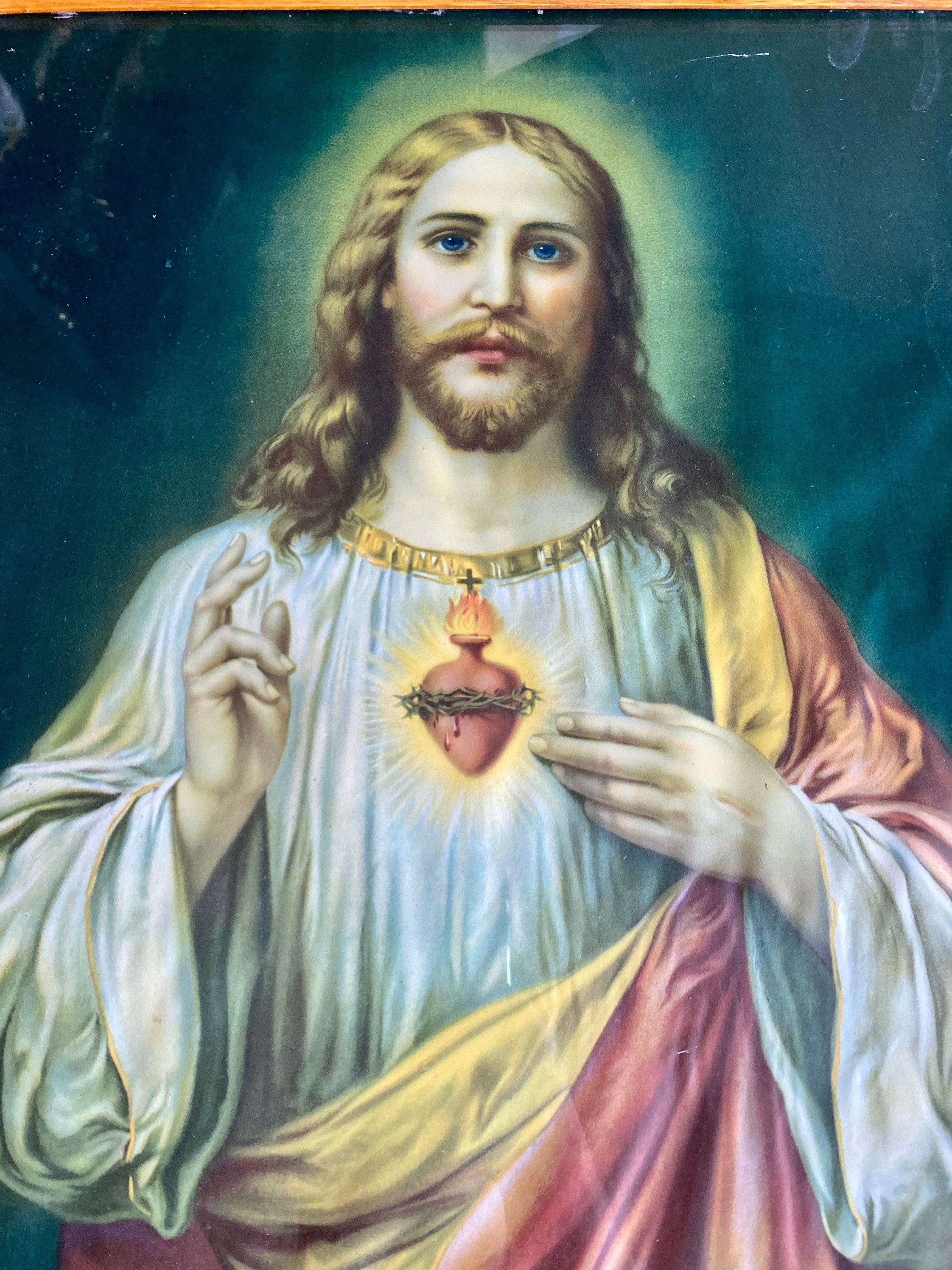Vintage Jesus Lithograph Print Antique Sacred Heart of Jesus - Etsy