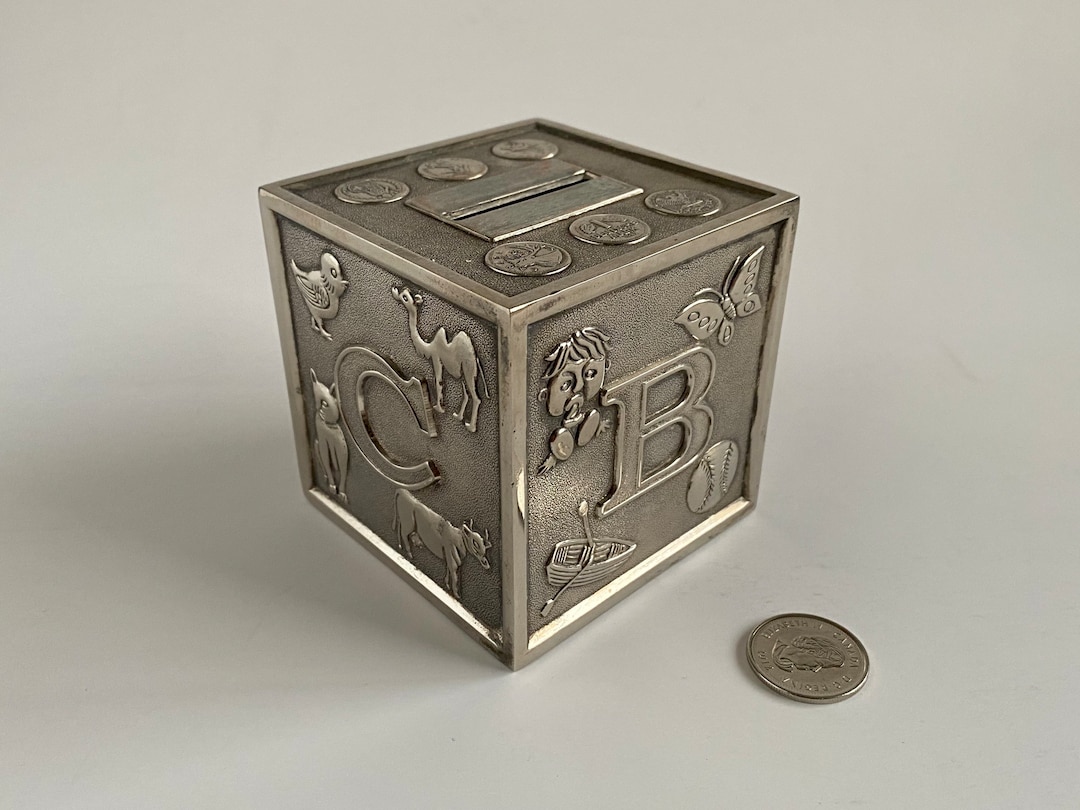 Vintage Silver Baby Block Piggy Bank, Metal Baby Block Bank, ABC Block ...