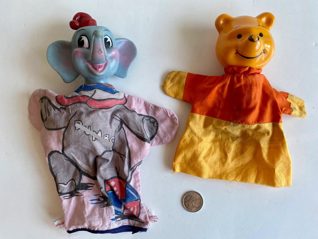 Pair of 2 Vintage Animated Flying Elephant and Bear Hand Puppets, 1960s ...