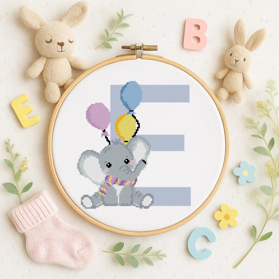 Elephant Letter E Cross Stitch Pattern PDF, Baby Alphabet Nursery Decor ...