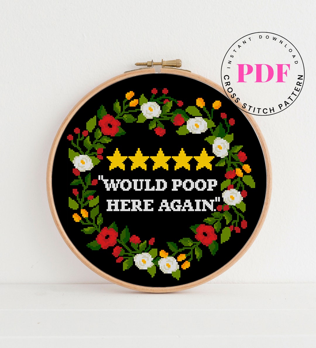 Poop Cross Stitch Pattern Funny Review Text Embroidery Design Easy ...