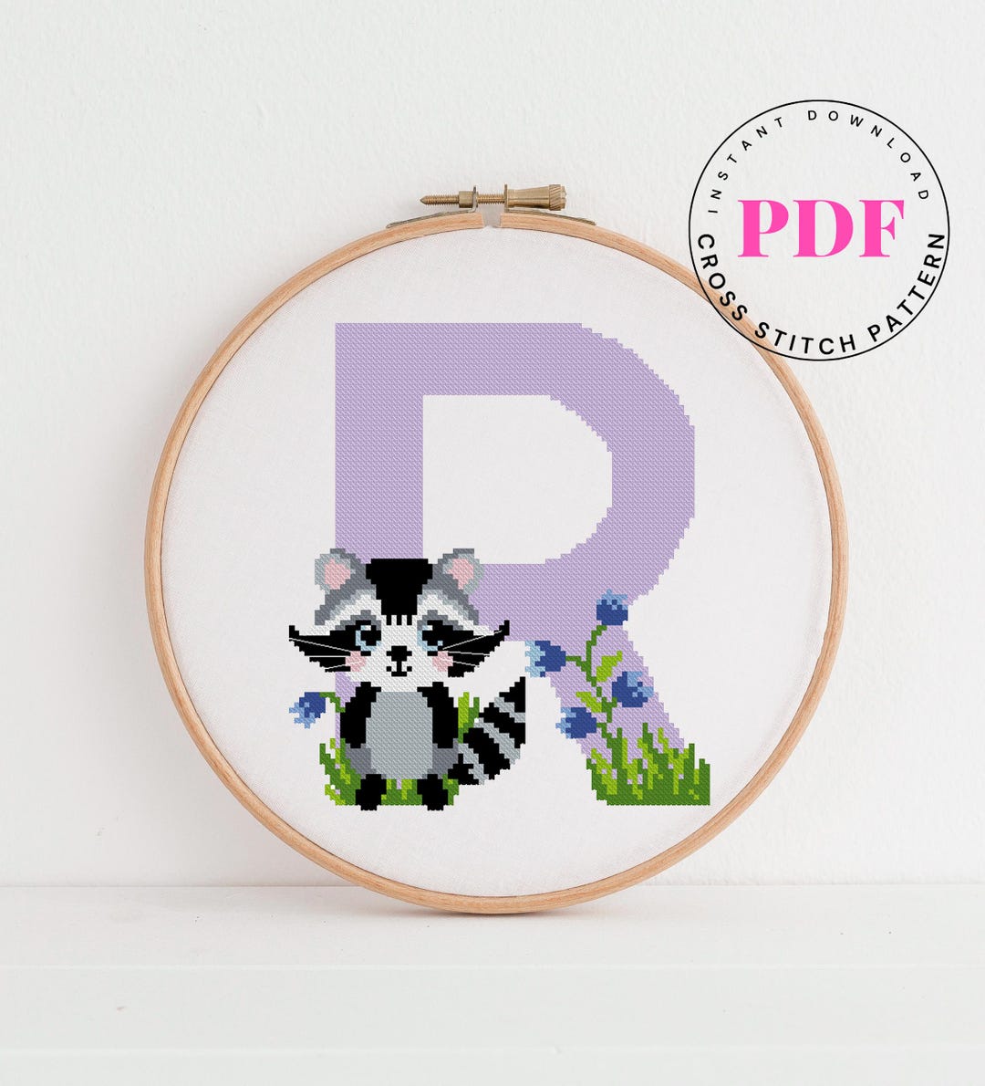 Letter R Cross Stitch Pattern PDF, Raccoon Alphabet Monogram Embroidery ...