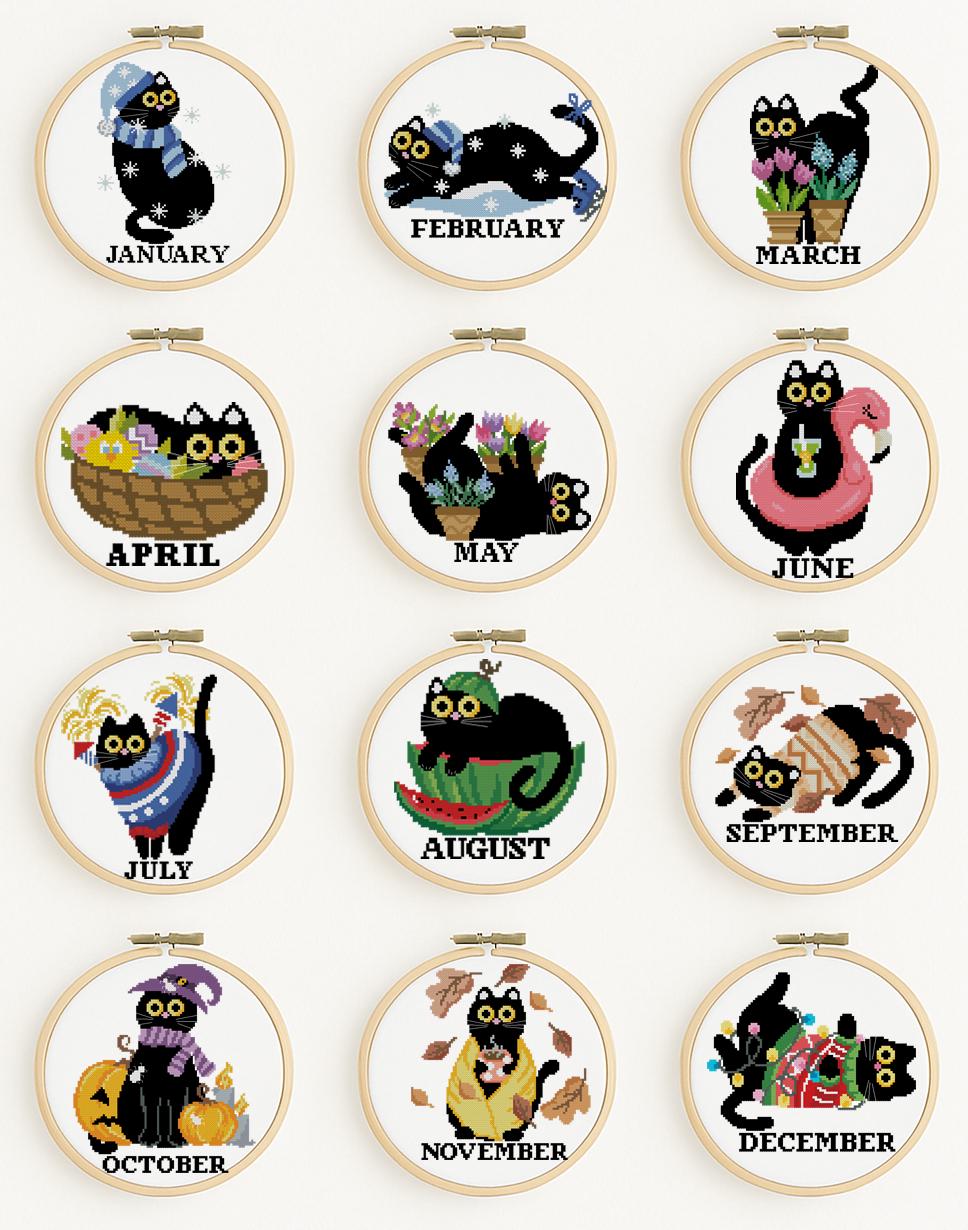 12 Months Cat Cross Stitch Pattern PDF, Floral Monthly Cats Embroidery ...