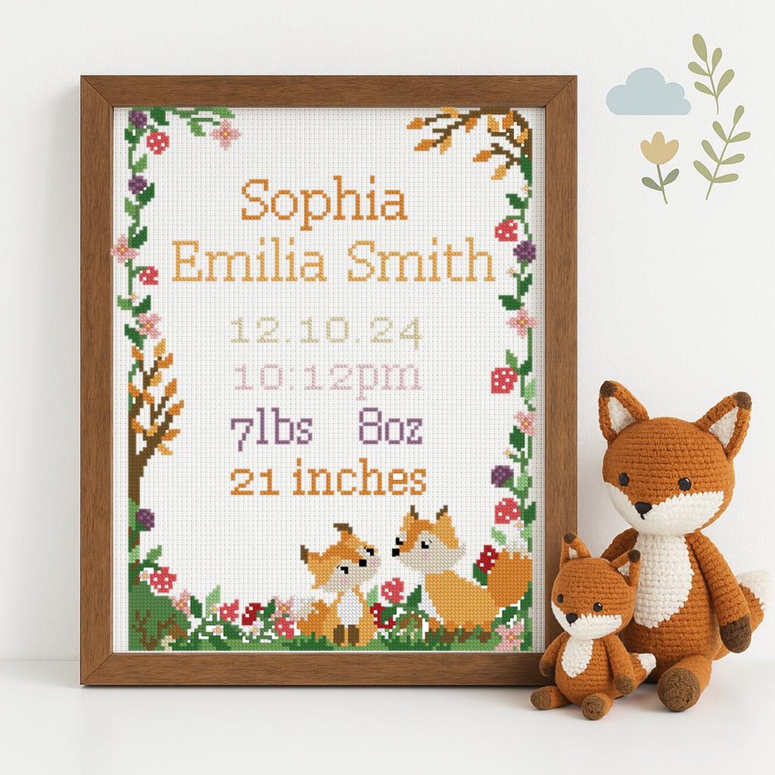 Woodland Fox Baby Birth Announcement Cross Stitch Pattern PDF – Custom ...