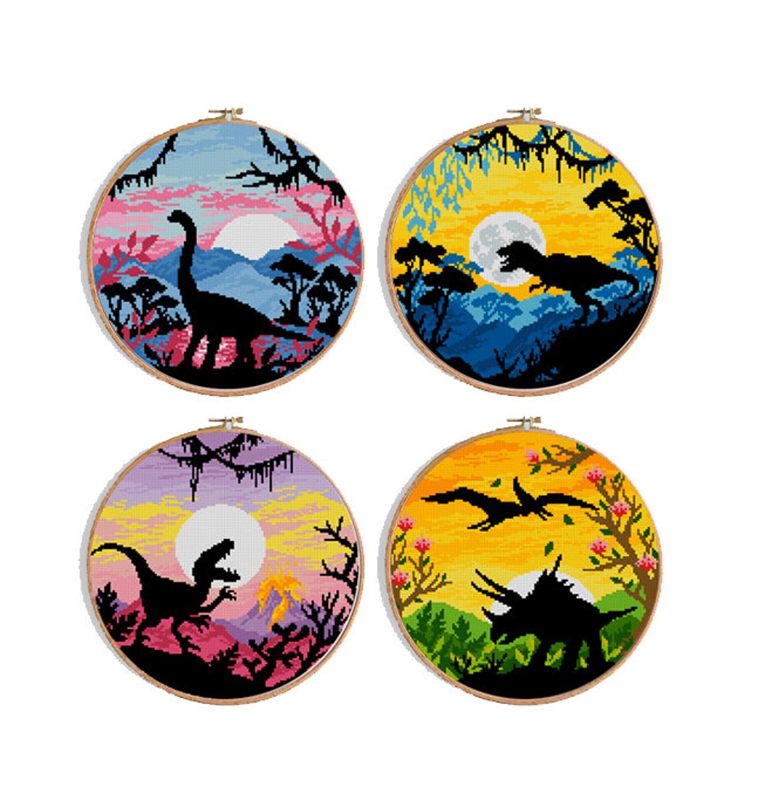 Dinosaur Cross Stitch Pattern Set | 4 Nature Landscapes | PDF Download ...