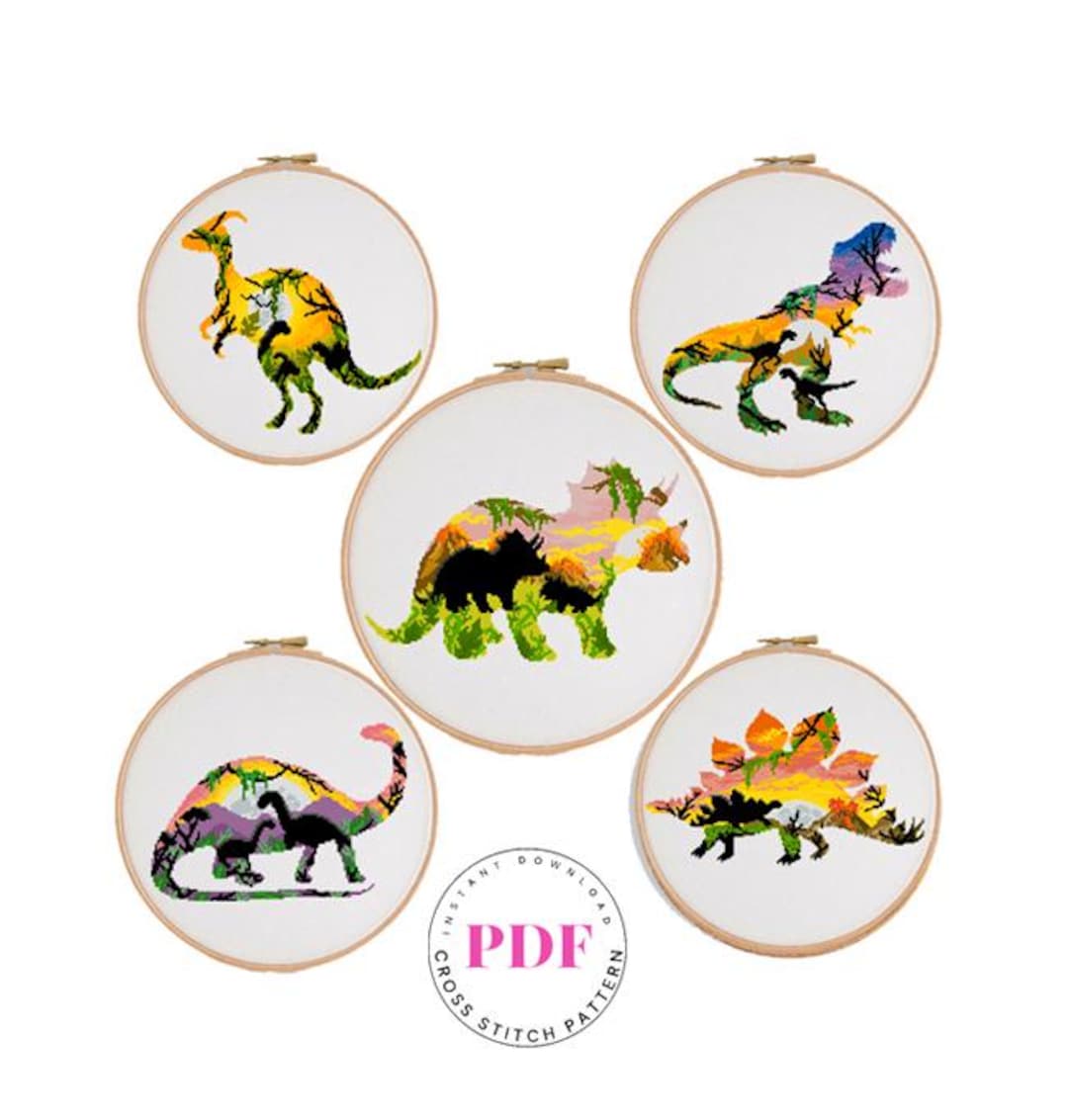 Dinosaur Cross Stitch Pattern Set PDF | Colorful Prehistoric Embroidery ...