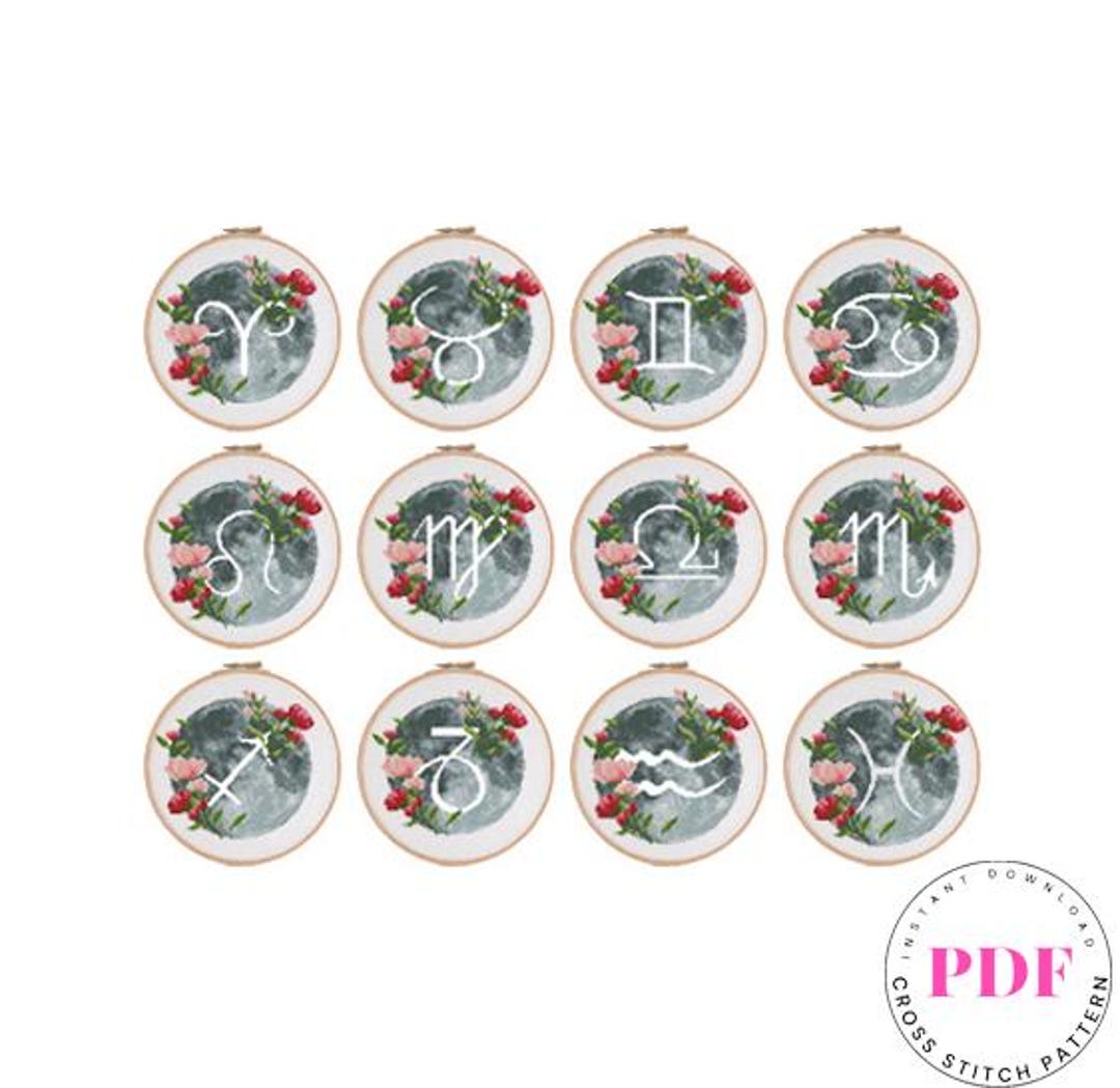 SET of 12 Zodiac Sign Cross Stitch Pattern Horoscope , Zodiac , Moon ...