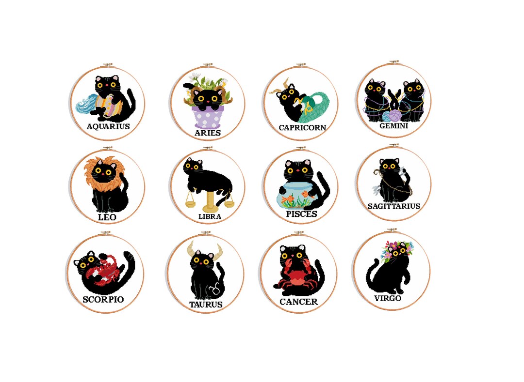 Set of 12 Cats Cross Stitch Pattern Zodiac Sign Cross Stitch Chart ...