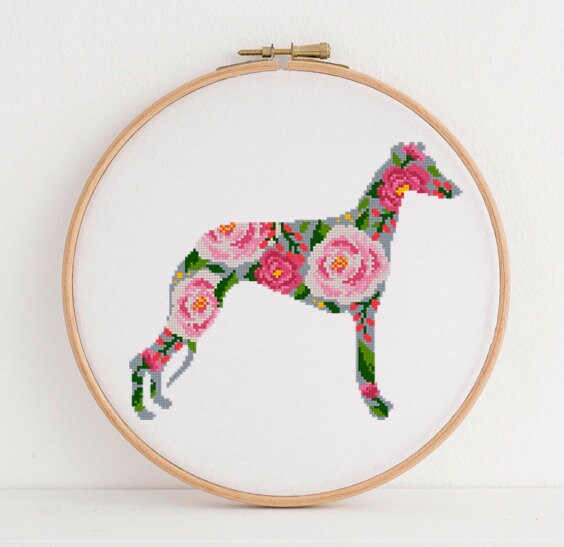 Greyhound Dog Cross Stitch Pattern Floral Cross Stitch Design | Etsy