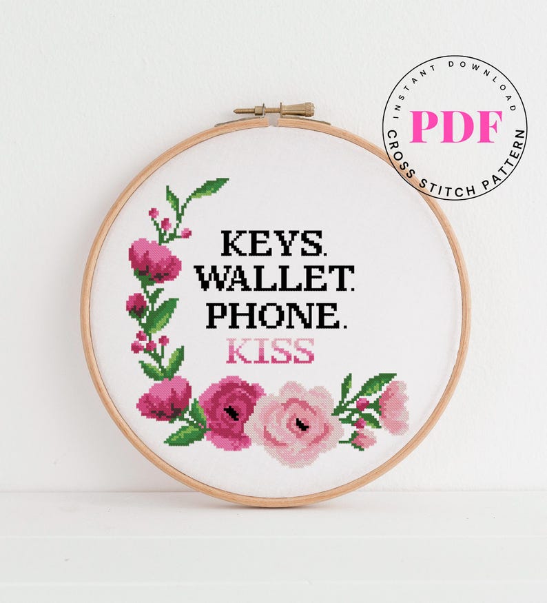 Funny Cross Stitch Pattern PDF Keys Wallet Phone Kiss Embroidery ...