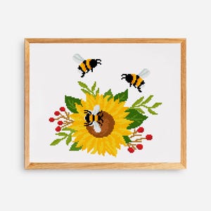 Sunflower Cross Stitch Pattern Insect Bee Counted Cross Stitch Pattern Flower Cross Stitchs ...