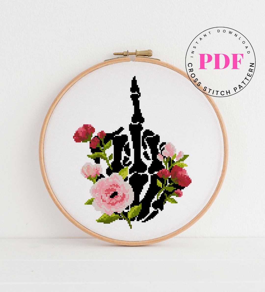 Skeleton Middle Finger Cross Stitch Pattern PDF | Floral Gothic ...
