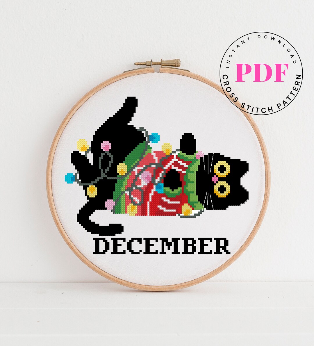Cat Cross Stitch Pattern December Cross Stitch Chart Autumn Animal ...