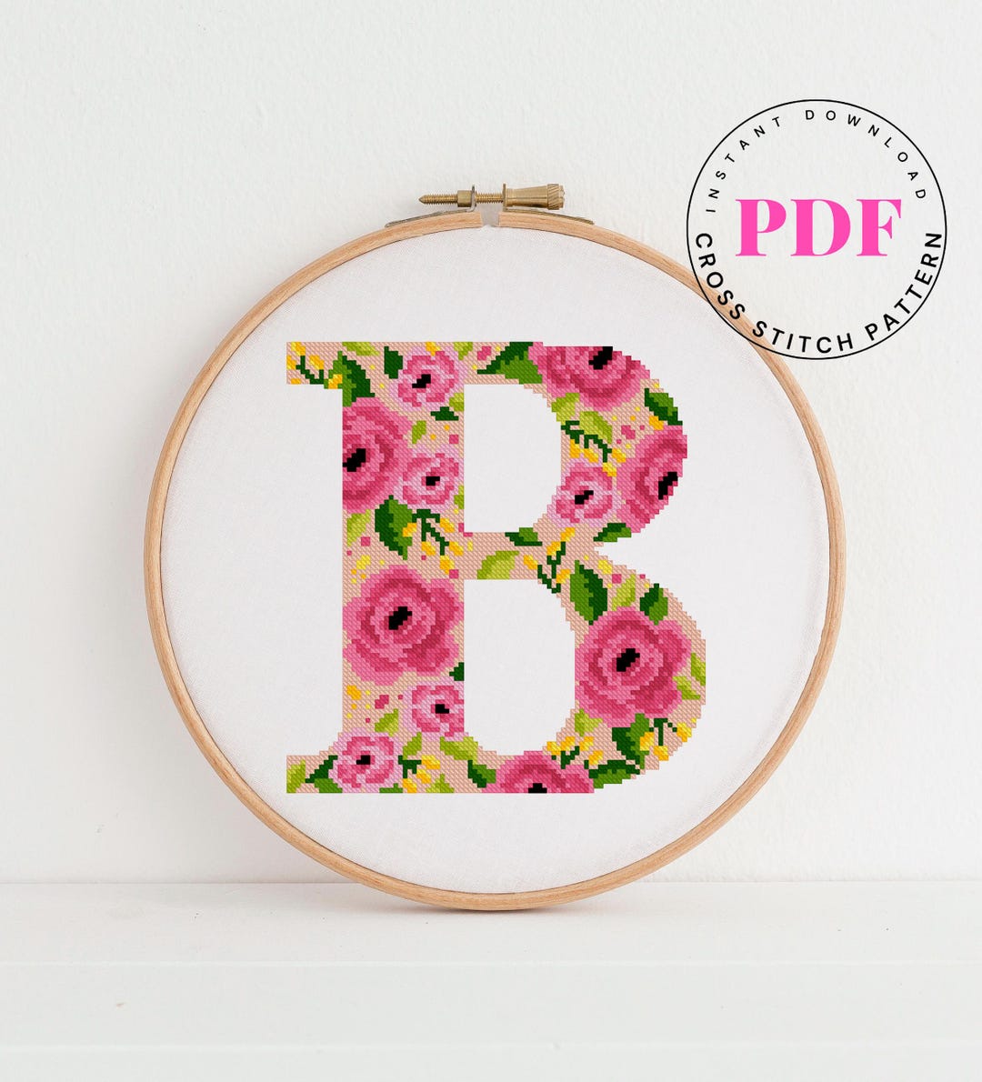 Floral Letter B Cross Stitch Pattern PDF | Flower Alphabet Initial ...