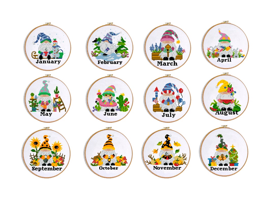 Monthly Gnome Cross Stitch Pattern Bundle PDF – 12 Seasonal Designs ...
