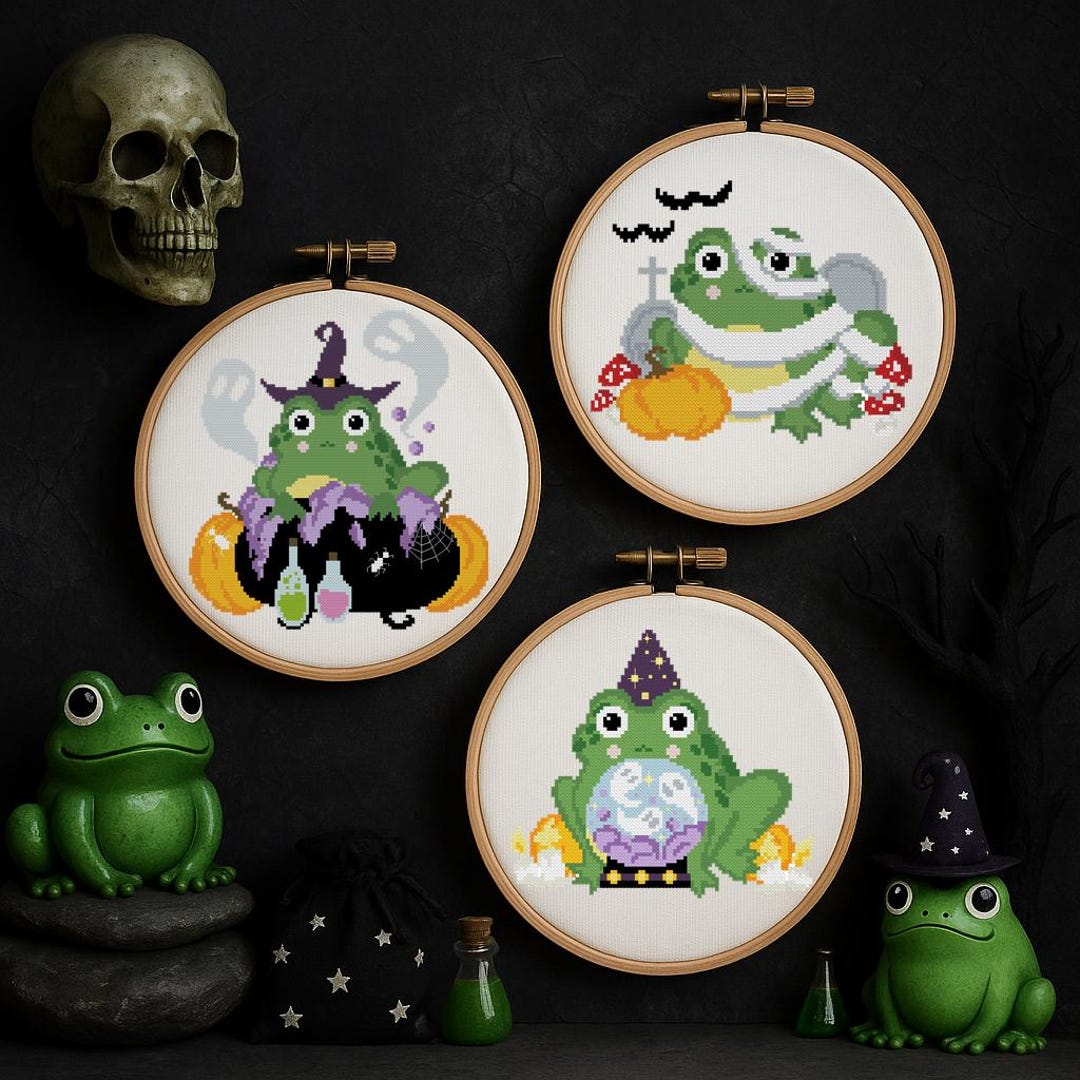 Cute Halloween Frog Cross Stitch Set! Three Witchy Frogs With Pumpkins ...
