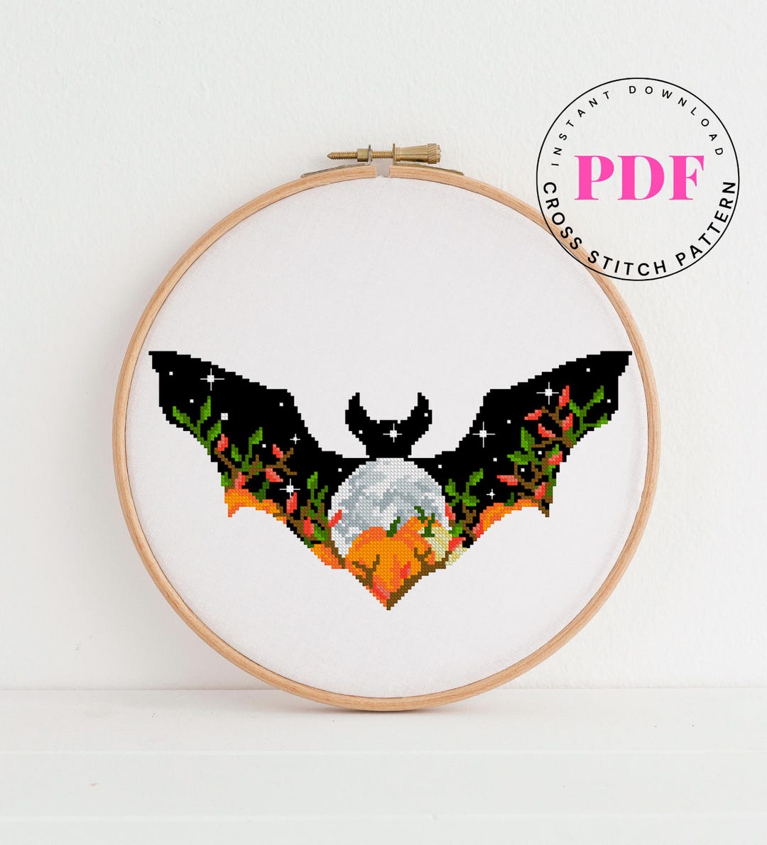 Bat Cross Stitch Pattern Halloween Cross Stitch Chart Floral Embroidery ...