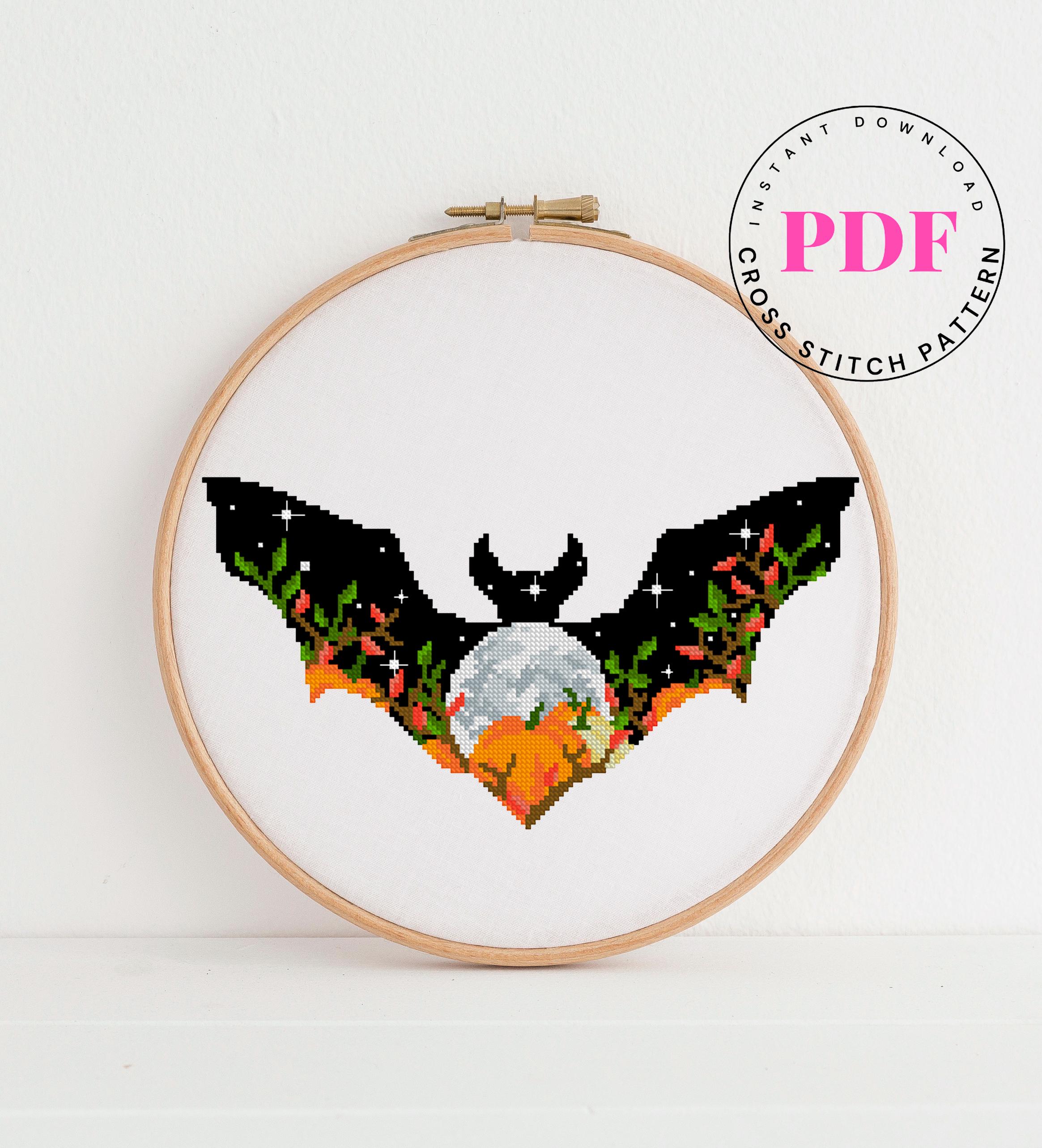 Bat Cross Stitch Pattern Halloween Cross Stitch Chart Floral Embroidery ...