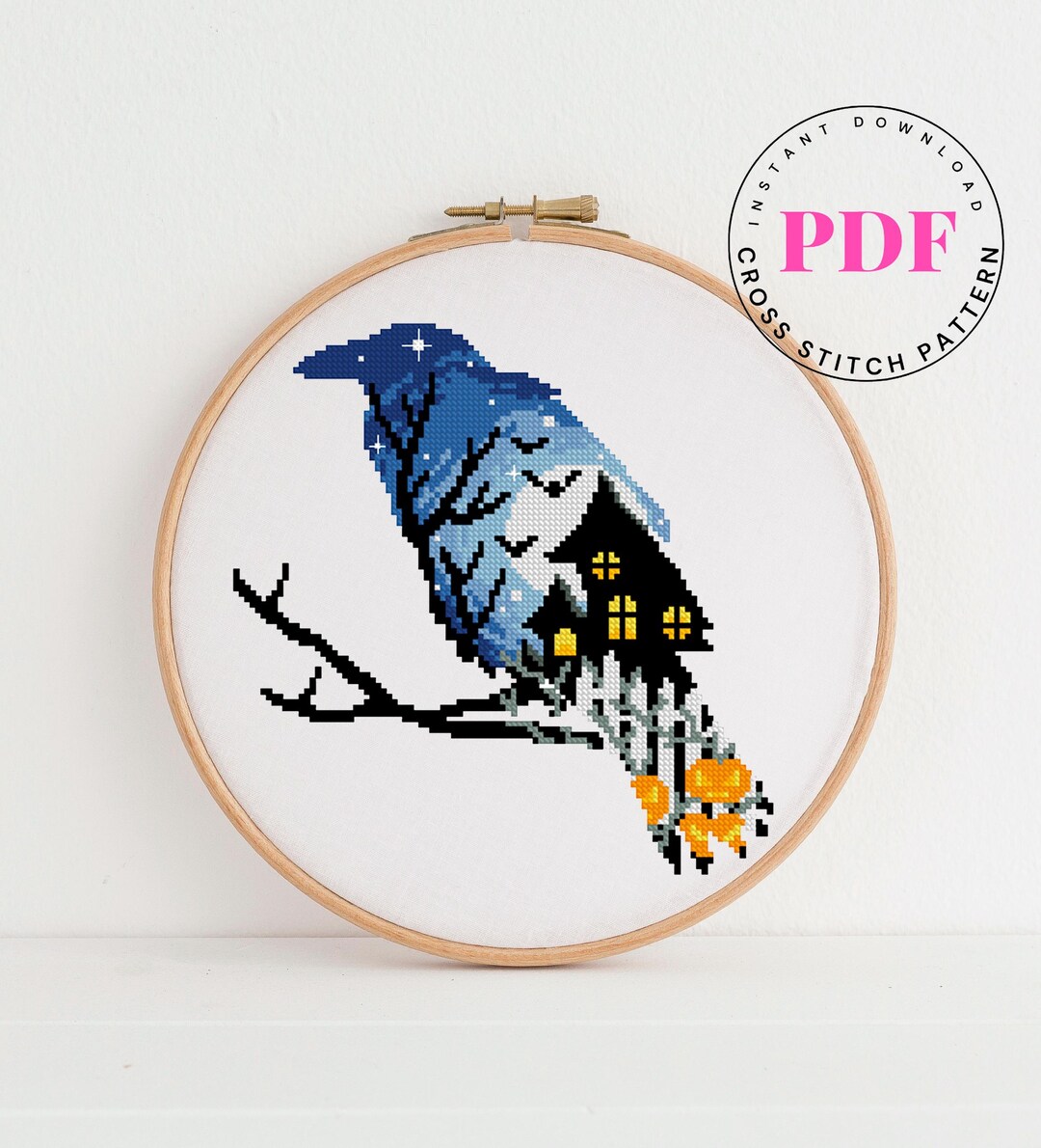 Raven Halloween Cross Stitch Pattern Landscape Embroidery Pattern Hoop ...