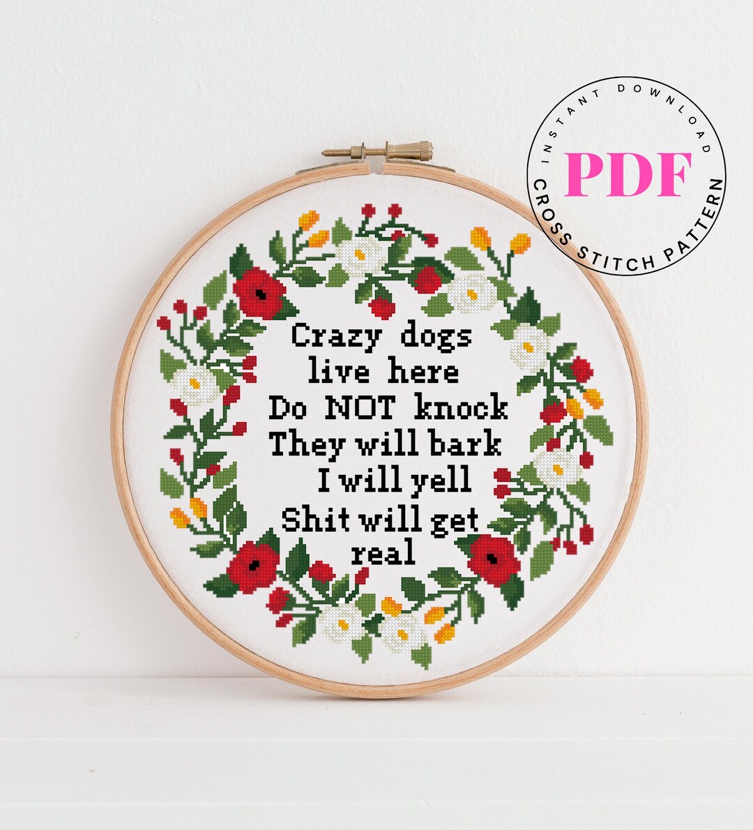 Funny Dog Cross Stitch Pattern PDF | Crazy Dogs Live Here Quote | Swear ...
