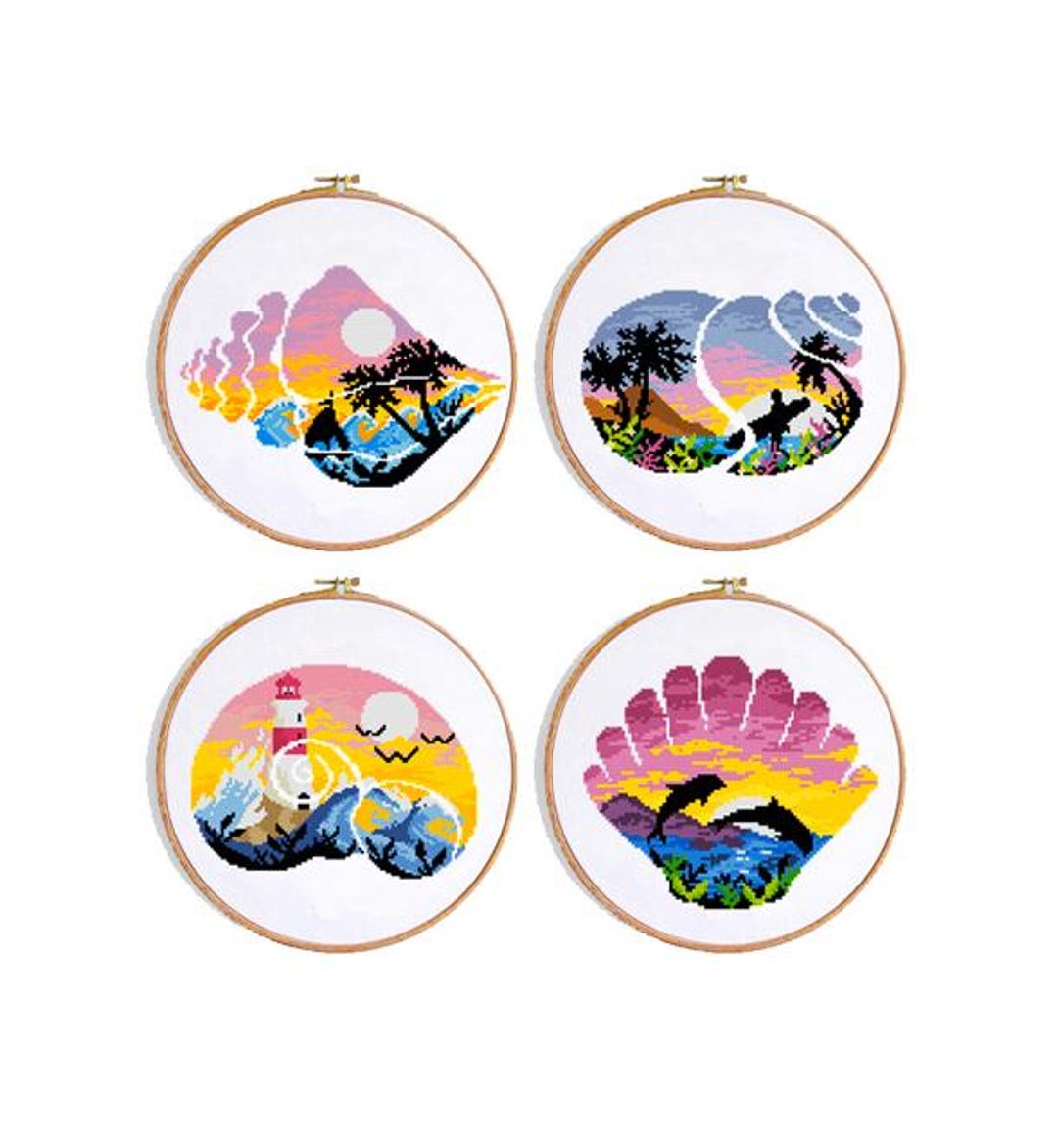 Set of 4 Seashell Cross Stitch Patterns Landscape Nature Ocean Sea ...