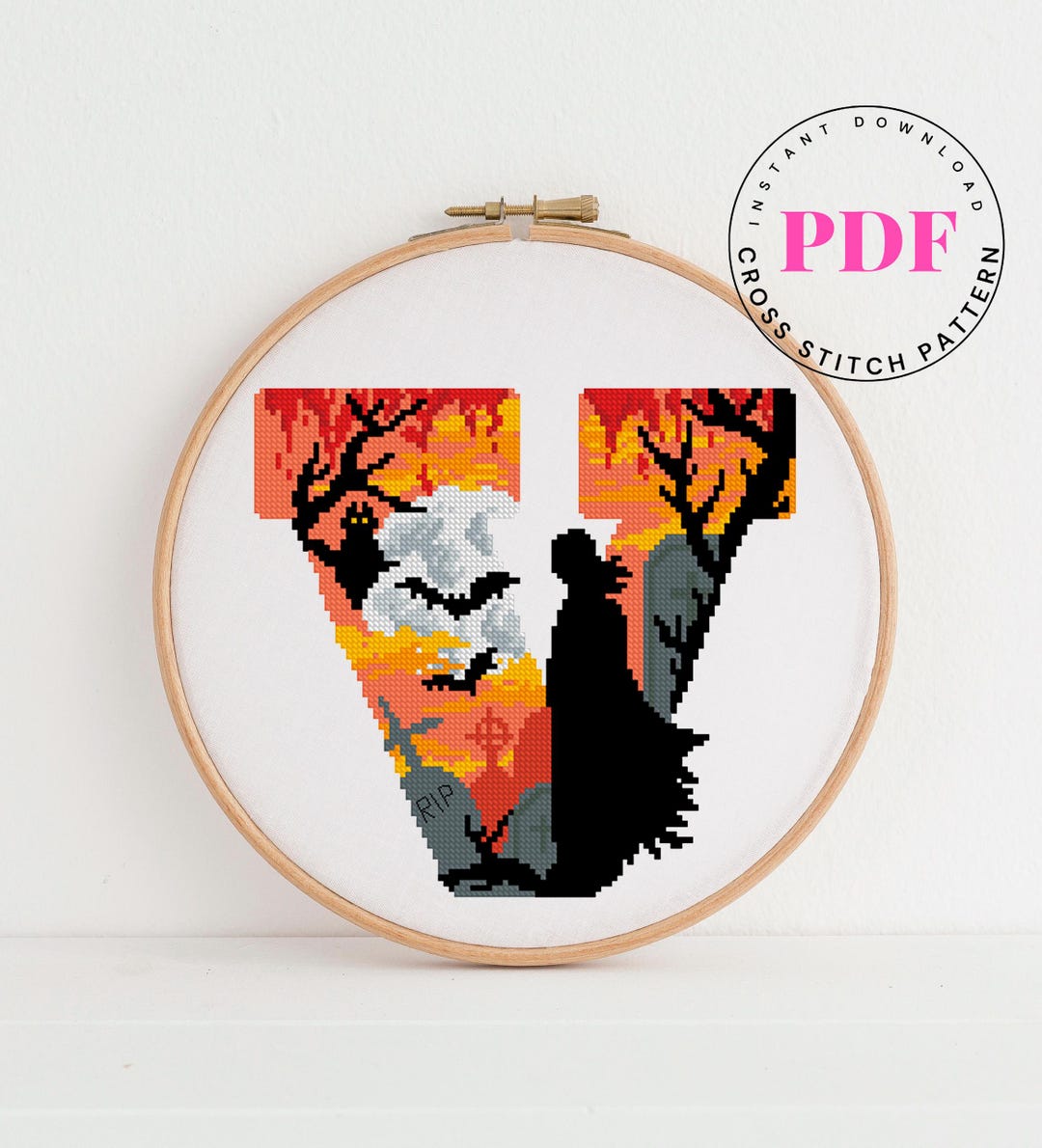 Spooky Alphabet Halloween Cross Stitch Pattern Letter V Cross Stitch ...