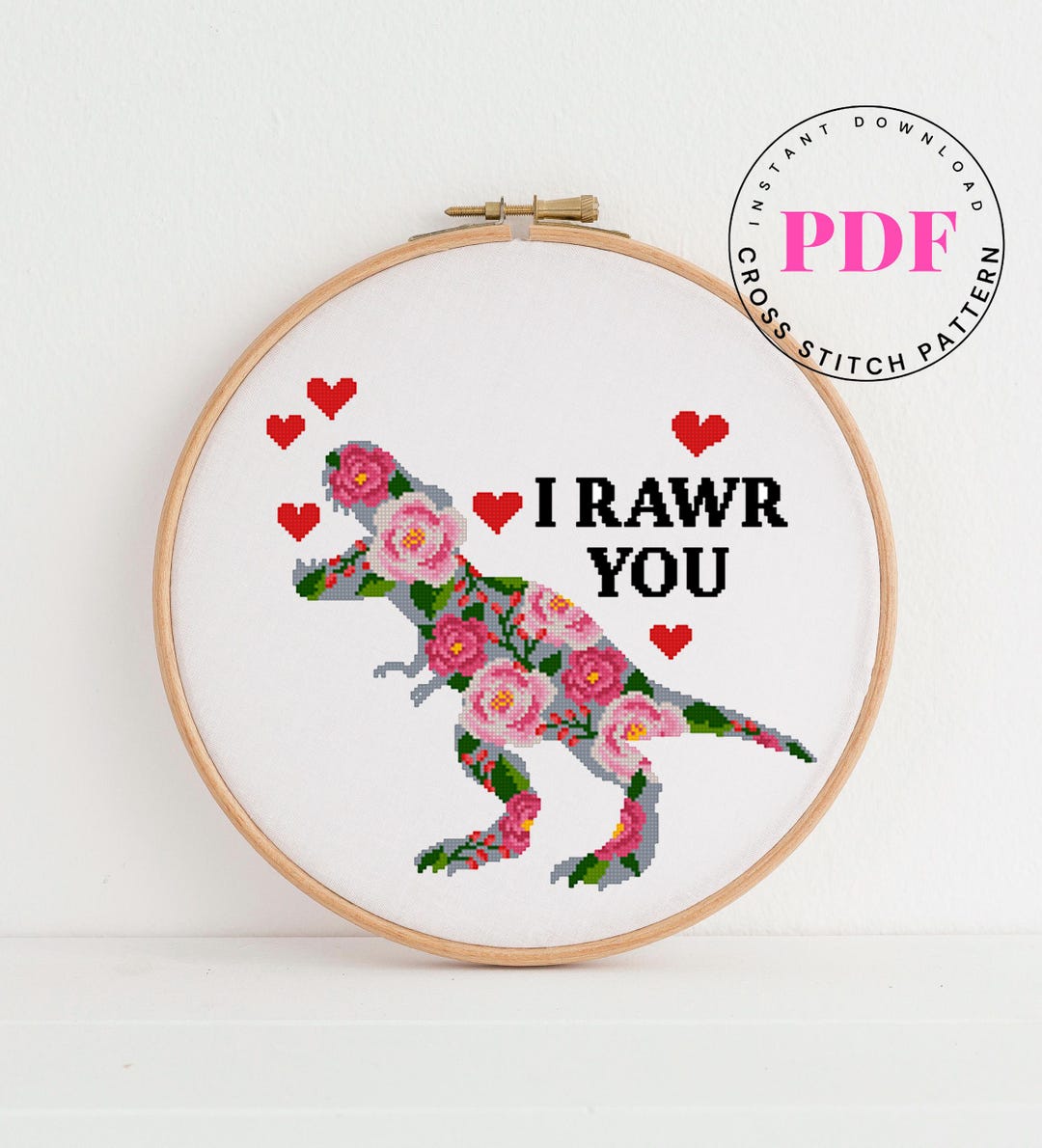 Funny Dinosaur Cross Stitch Pattern PDF | I RAWR You Floral T-rex ...