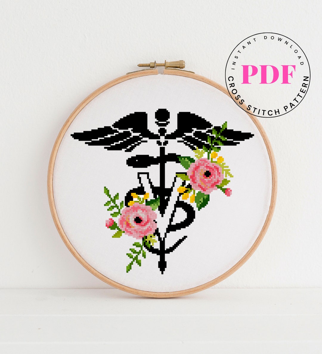 Veterinarian Caduceus Cross Stitch Pattern Floral Cross Stitch Design ...