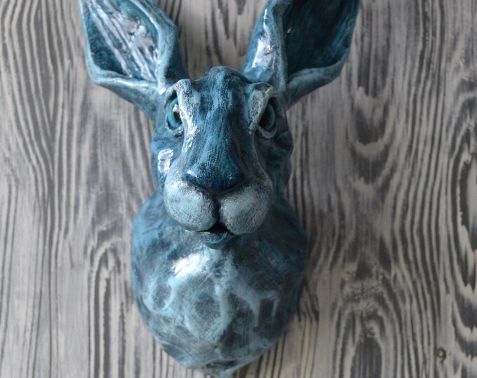 Blue Rabbit With Blue Eyes Wall Mounted Wall Art Animal Head Hare Head ...