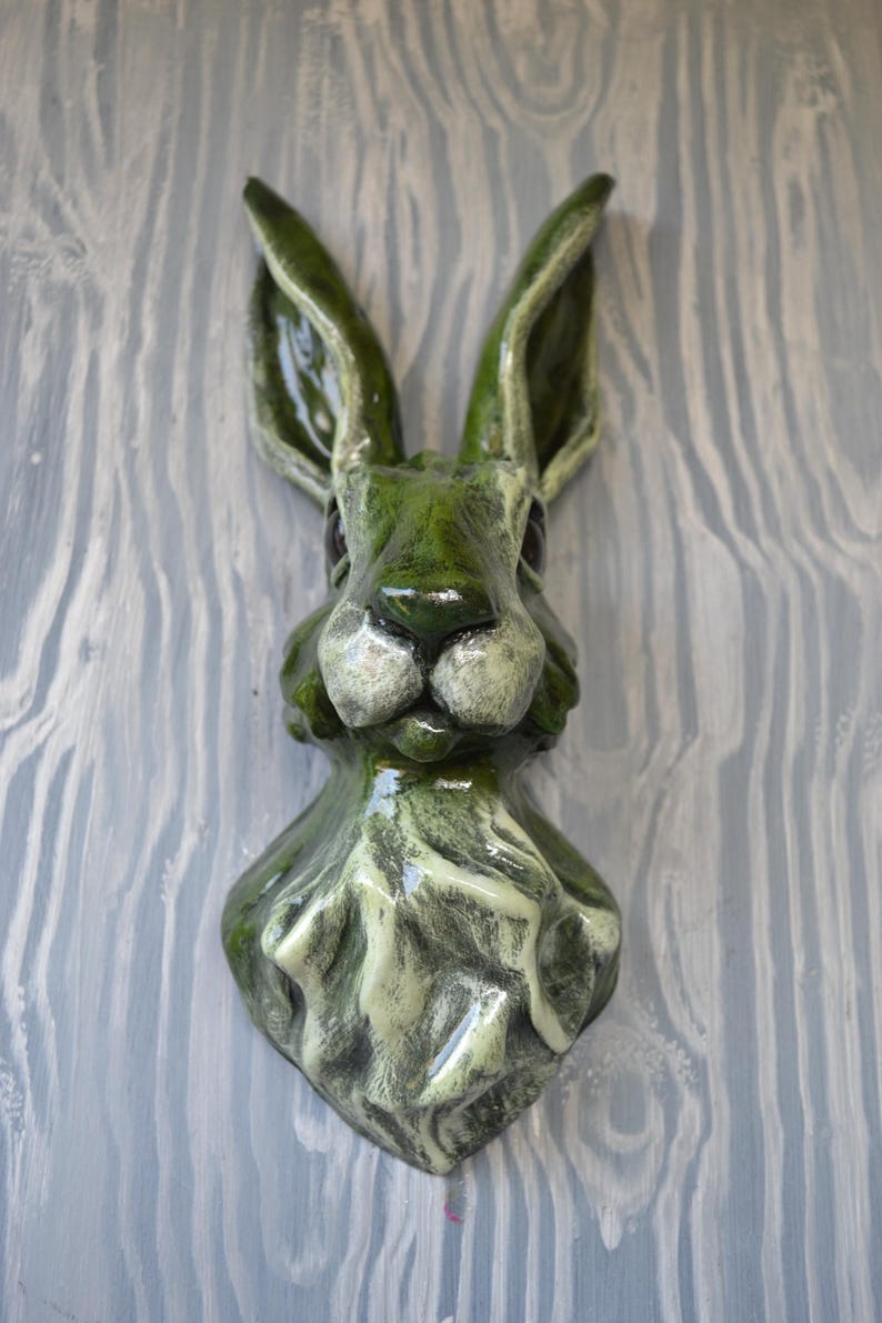 Green Hare Head Wall Sculpture: Hand-painted Plaster Rabbit Art - Etsy