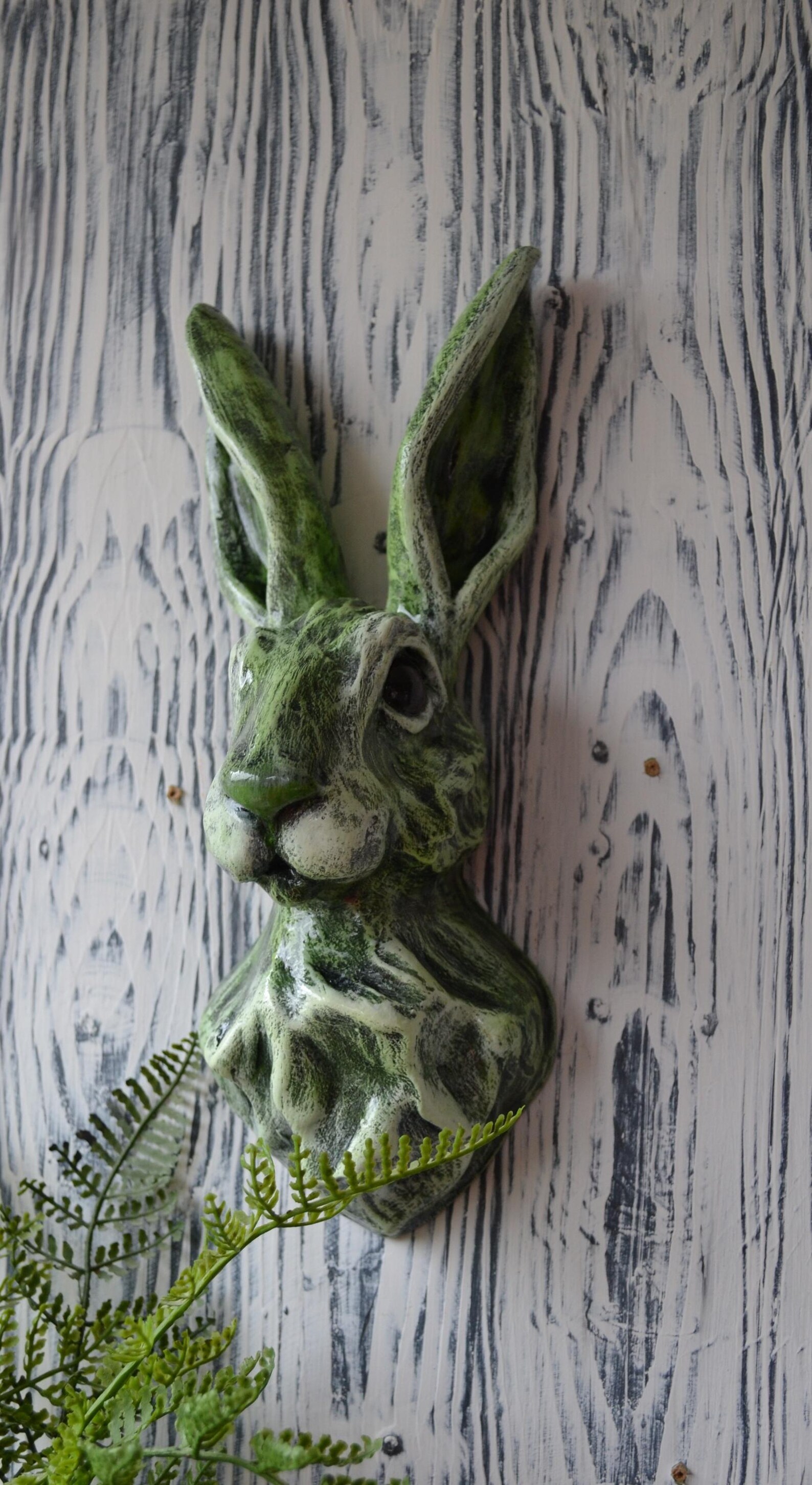 Hand-painted Plaster Rabbit Head Wall Sculpture - Orange, Green, Pink ...