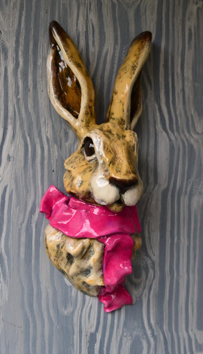 Hand-painted Hare Head Wall Sculpture: Brown Rabbit With Cerise Scarf ...