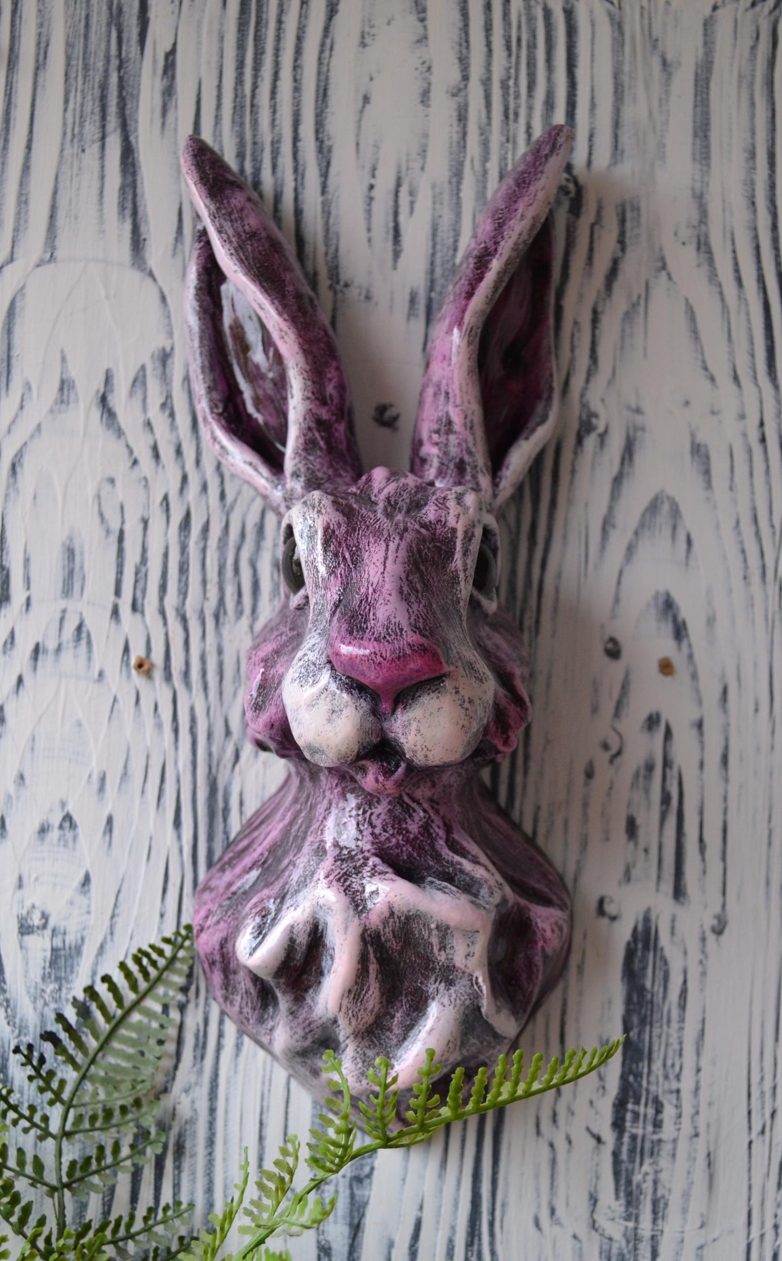Hand-painted Plaster Rabbit Head Wall Sculpture - Orange, Green, Pink ...