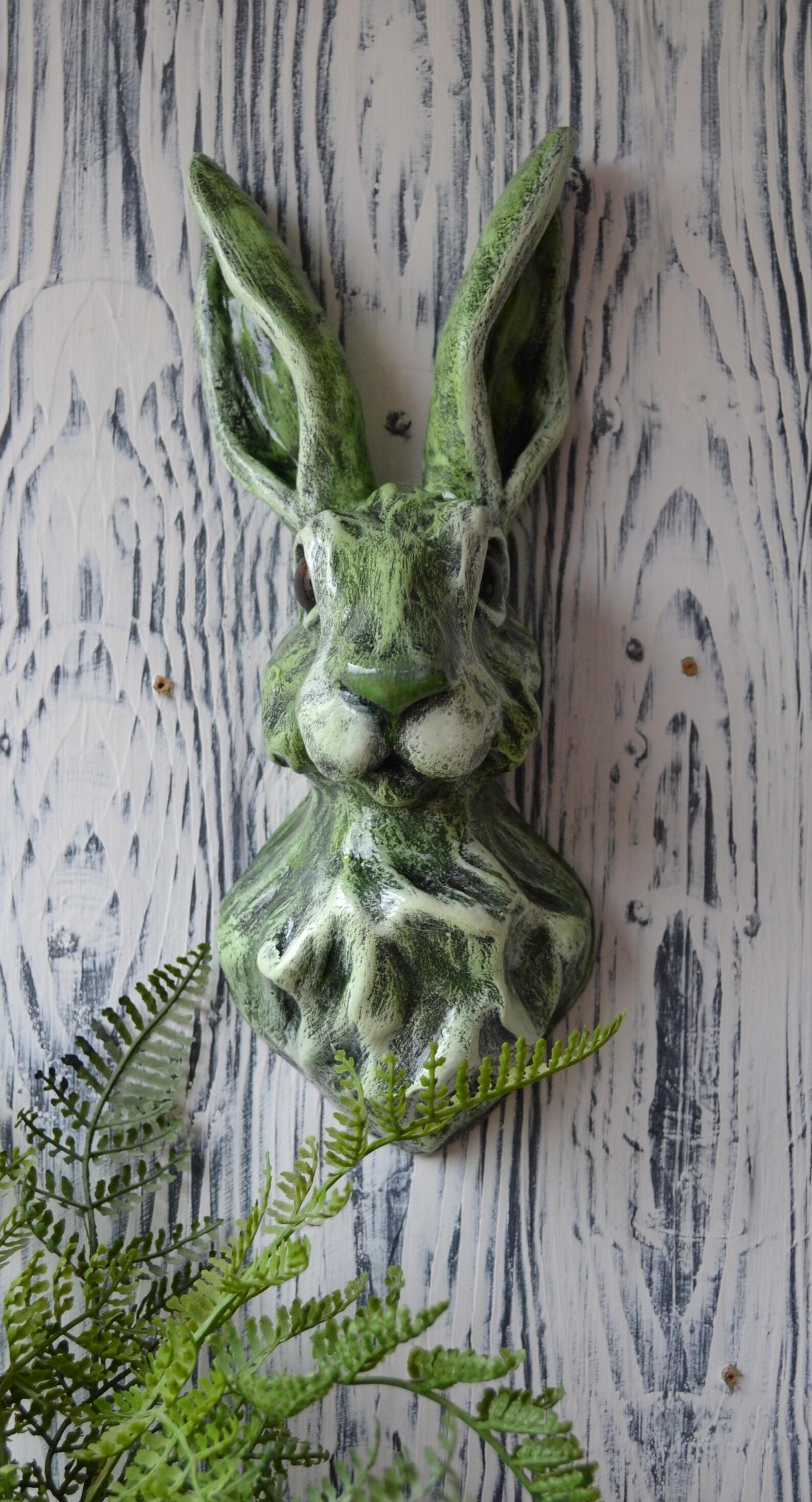 Hand-painted Plaster Rabbit Head Wall Sculpture - Orange, Green, Pink ...