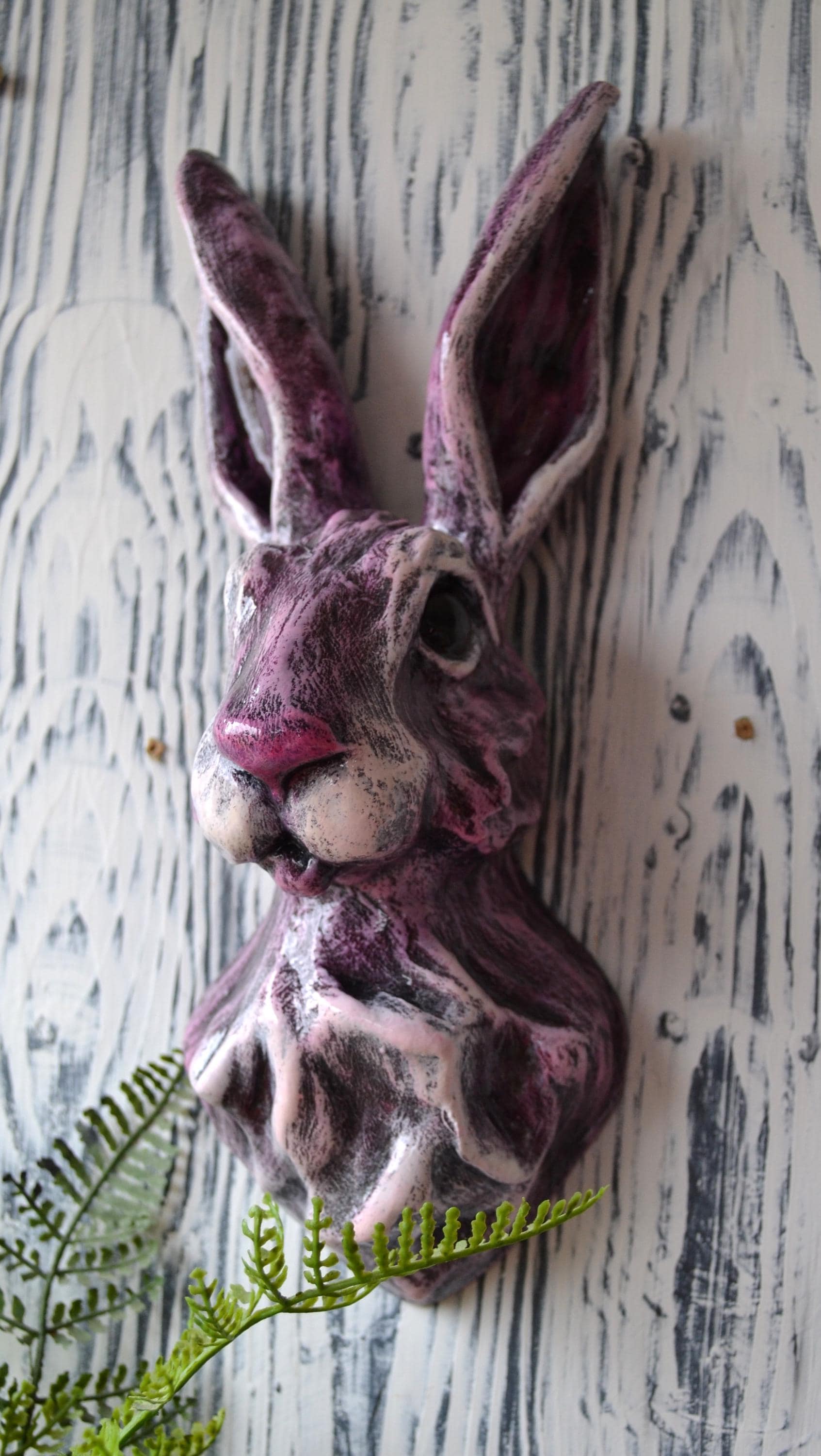 Hand-painted Plaster Rabbit Head Wall Sculpture - Orange, Green, Pink ...