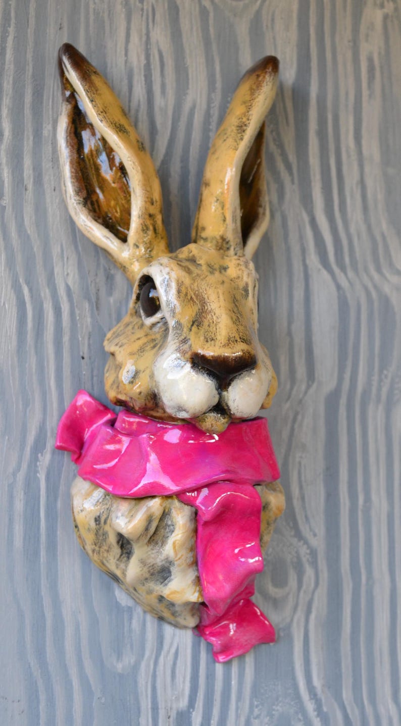 Hand-painted Hare Head Wall Sculpture: Brown Rabbit With Cerise Scarf ...