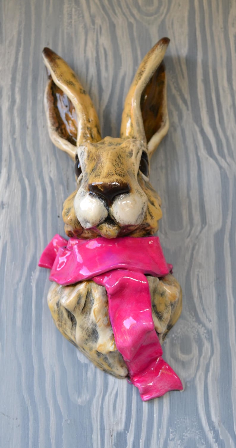 Hand-painted Hare Head Wall Sculpture: Brown Rabbit With Cerise Scarf ...