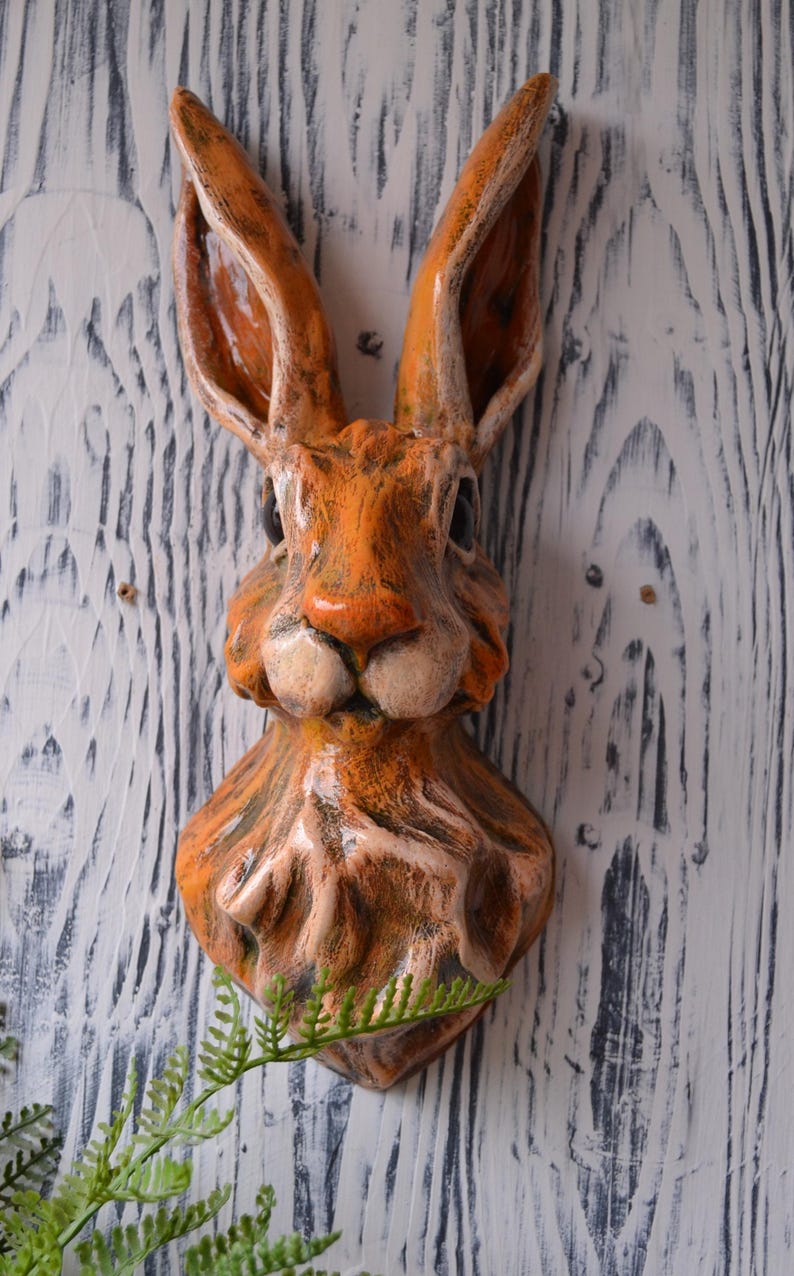 Hand-painted Plaster Rabbit Head Wall Sculpture - Orange, Green, Pink ...
