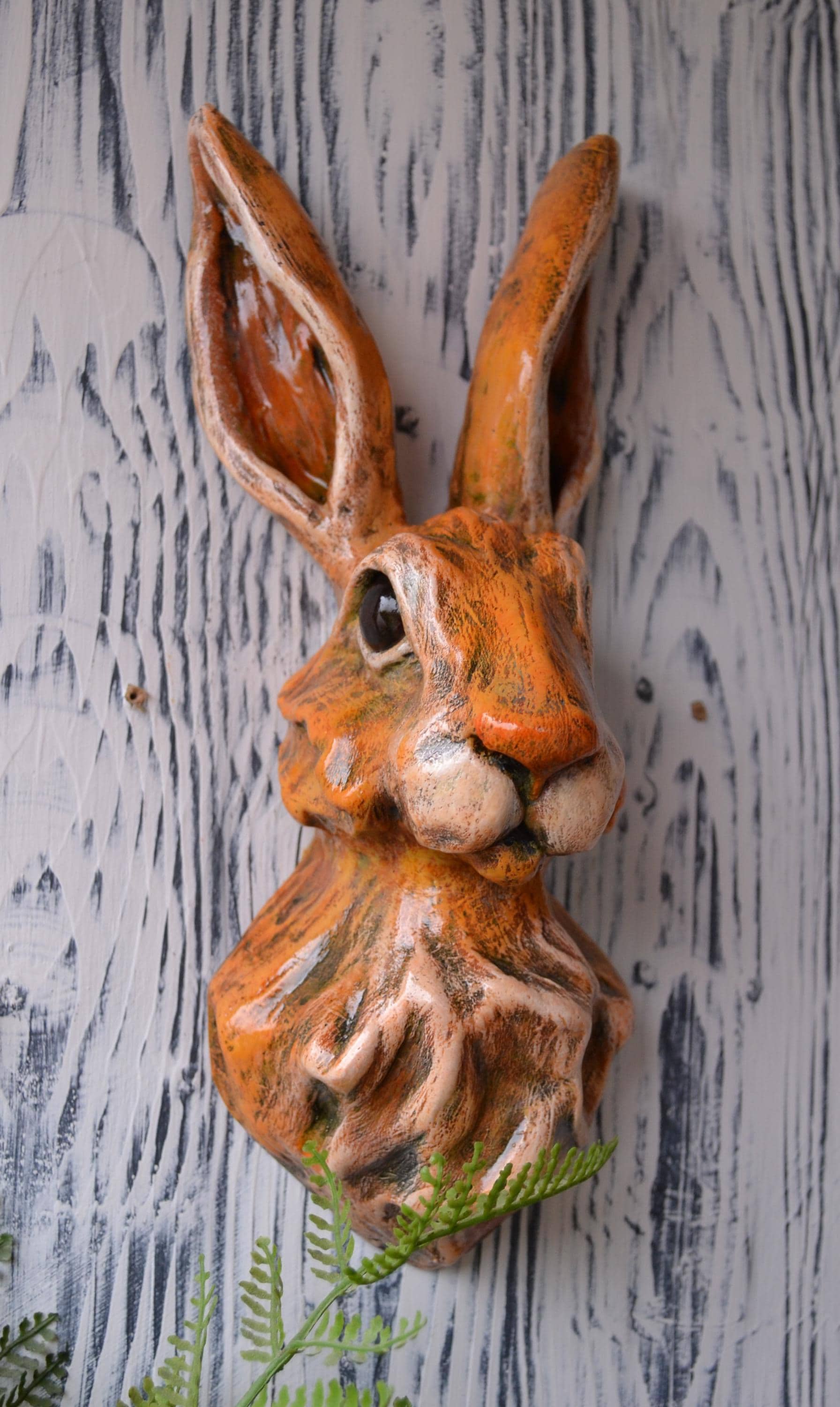 Hand-painted Plaster Rabbit Head Wall Sculpture - Orange, Green, Pink ...