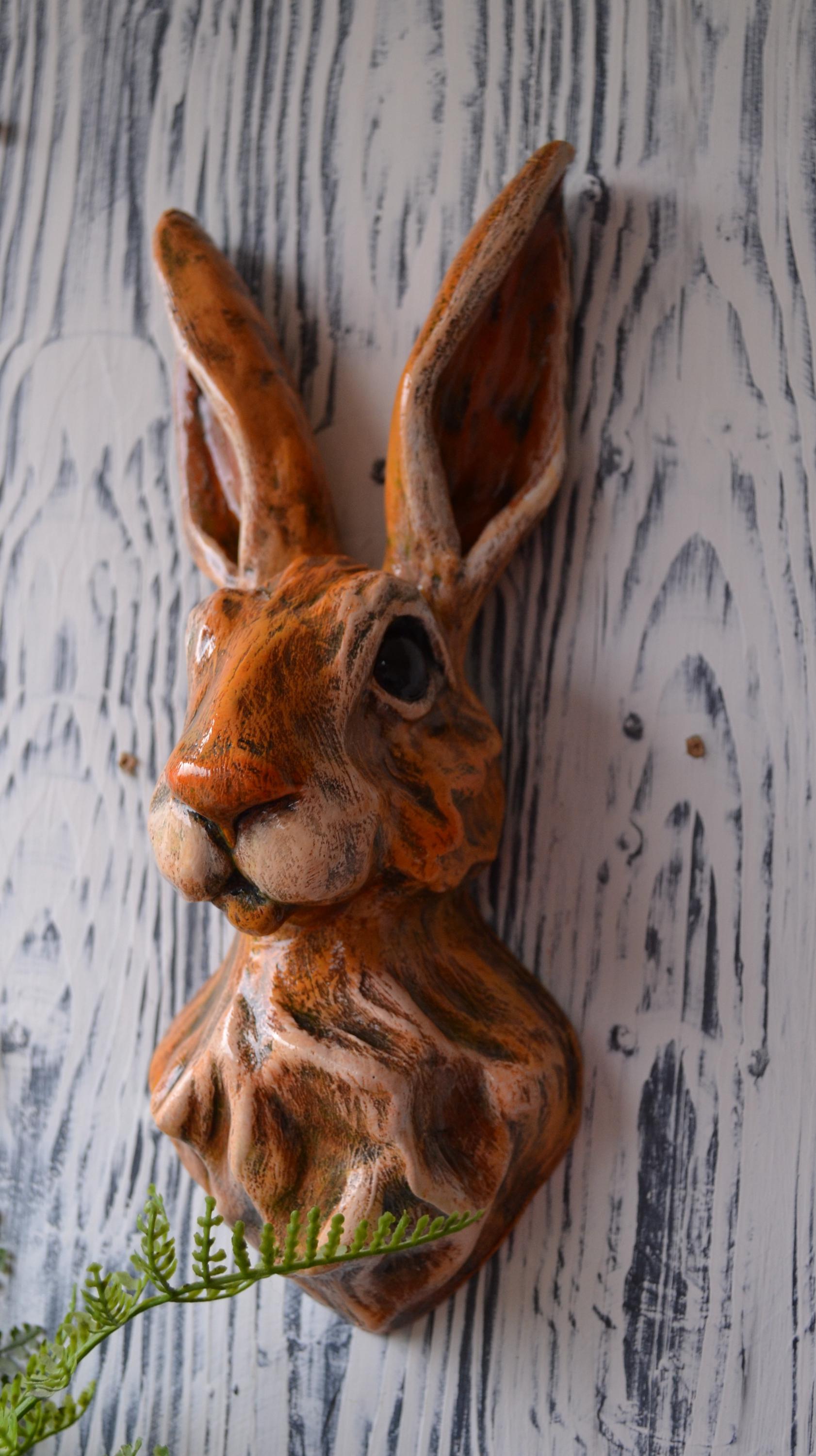 Hand-painted Plaster Rabbit Head Wall Sculpture - Orange, Green, Pink ...